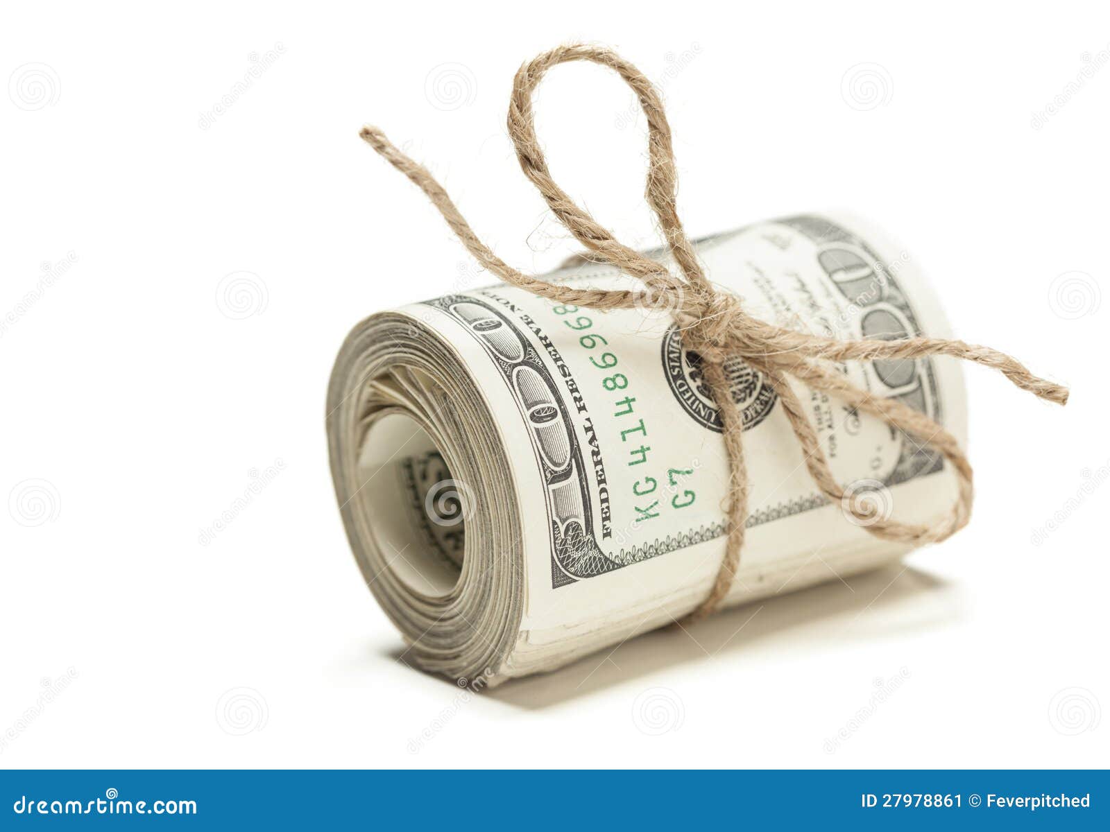 Roll of One Hundred Dollar Bills Tied in Burlap String on White Stock ...