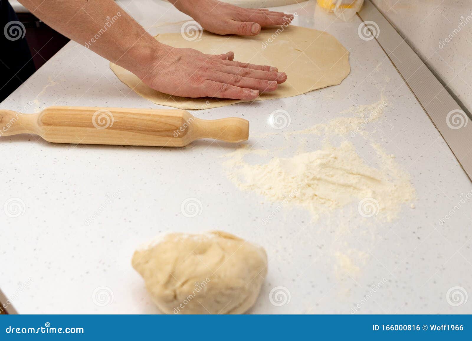 Roll Out the Dough. Baker Rolls Out the Dough on a Wooden Kitchen Table ...