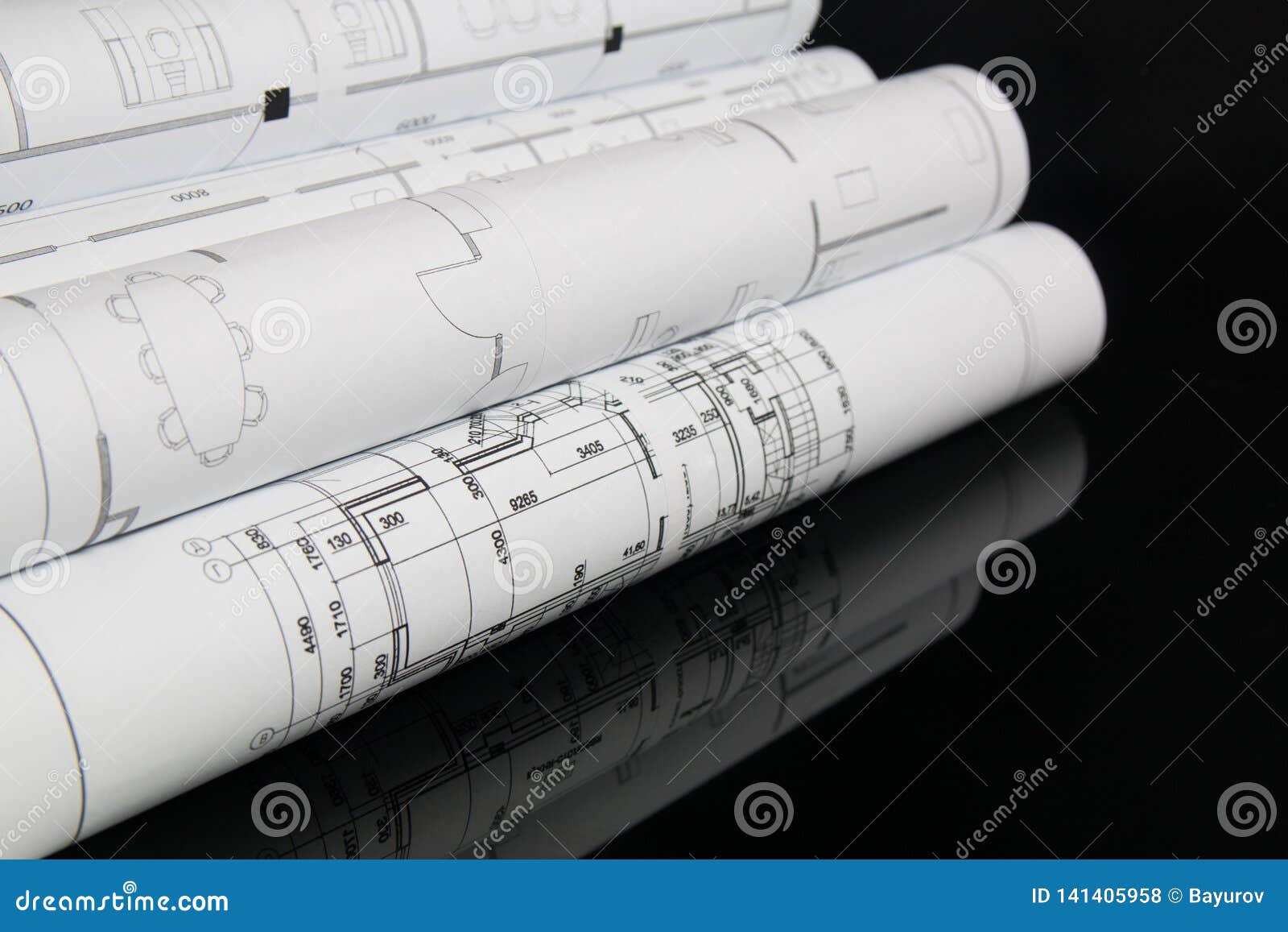 Roll of Paper Architectural Drawings and Blueprint. Stock Photo - Image ...