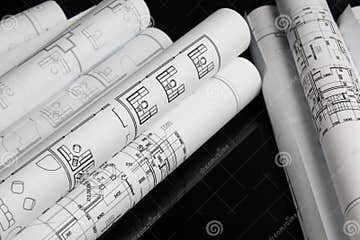 Roll of Paper Architectural Drawings and Blueprint. Stock Photo - Image ...