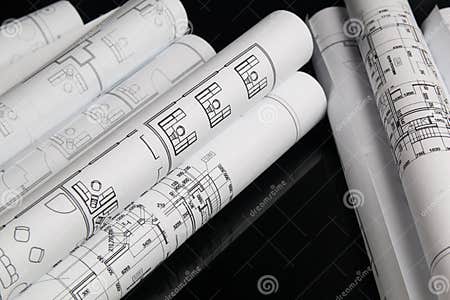 Roll of Paper Architectural Drawings and Blueprint. Stock Photo - Image ...