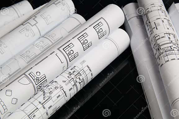 Roll of Paper Architectural Drawings and Blueprint. Stock Photo - Image ...