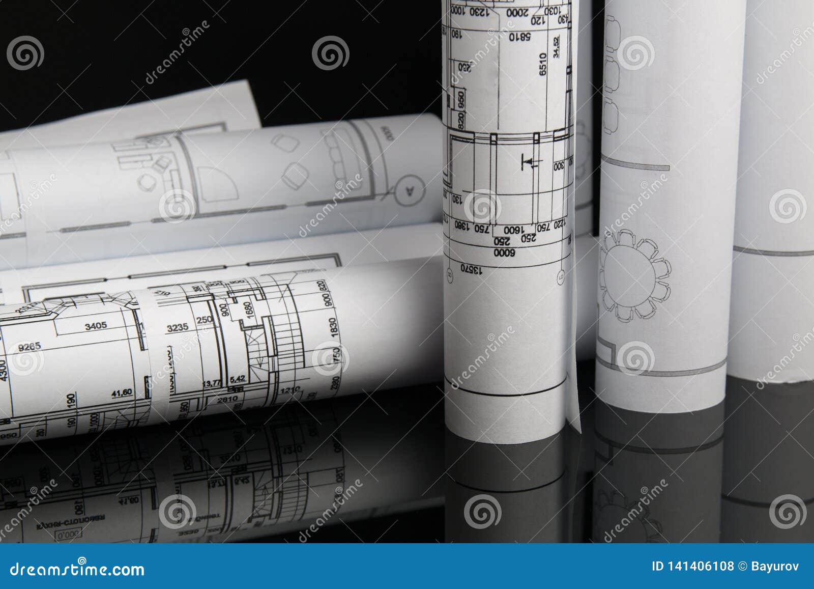 Roll of Paper Architectural Drawings and Blueprint. Stock Photo - Image ...
