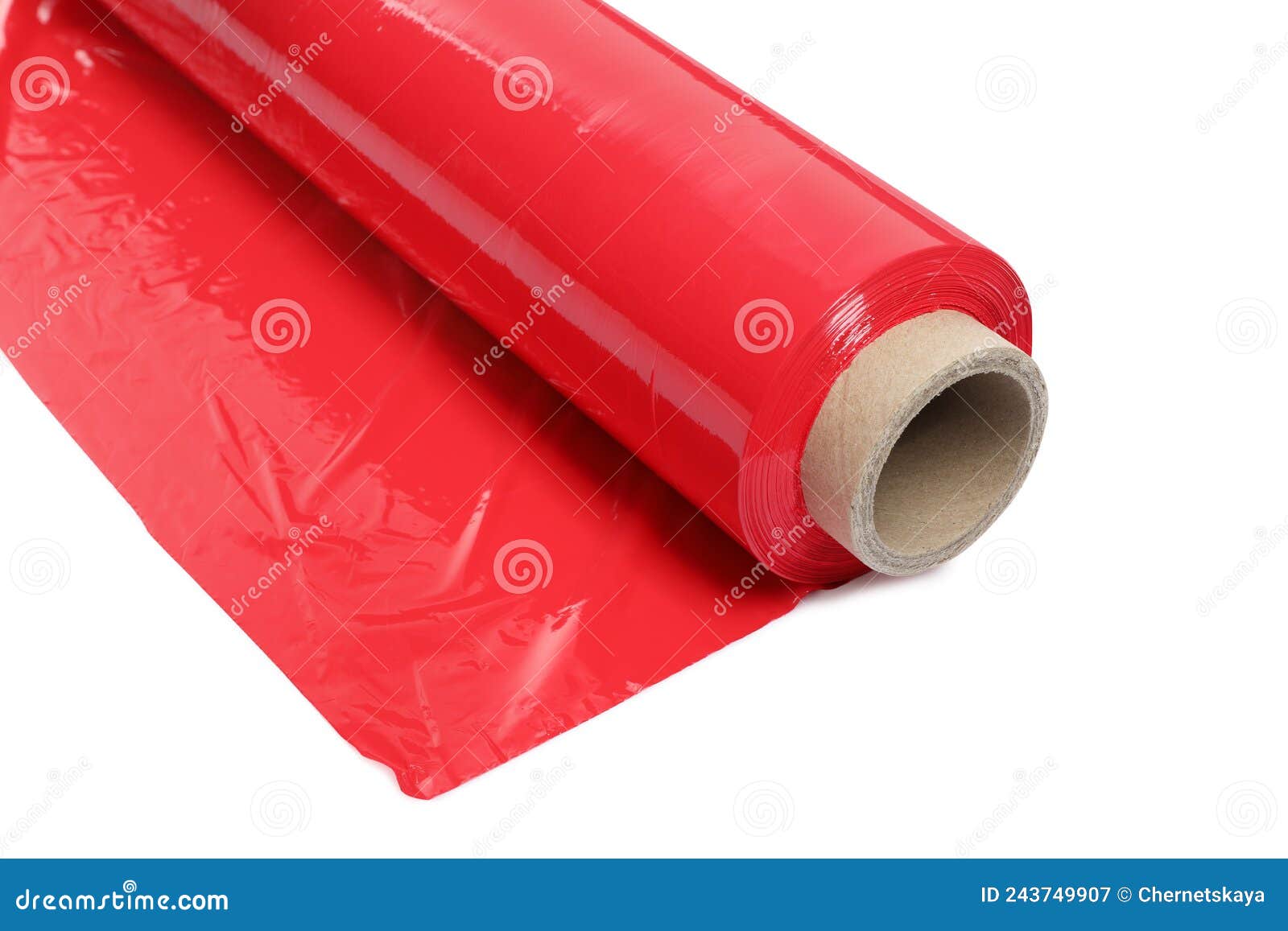 Roll of Red Plastic Stretch Wrap Film Isolated on White, Closeup Stock ...