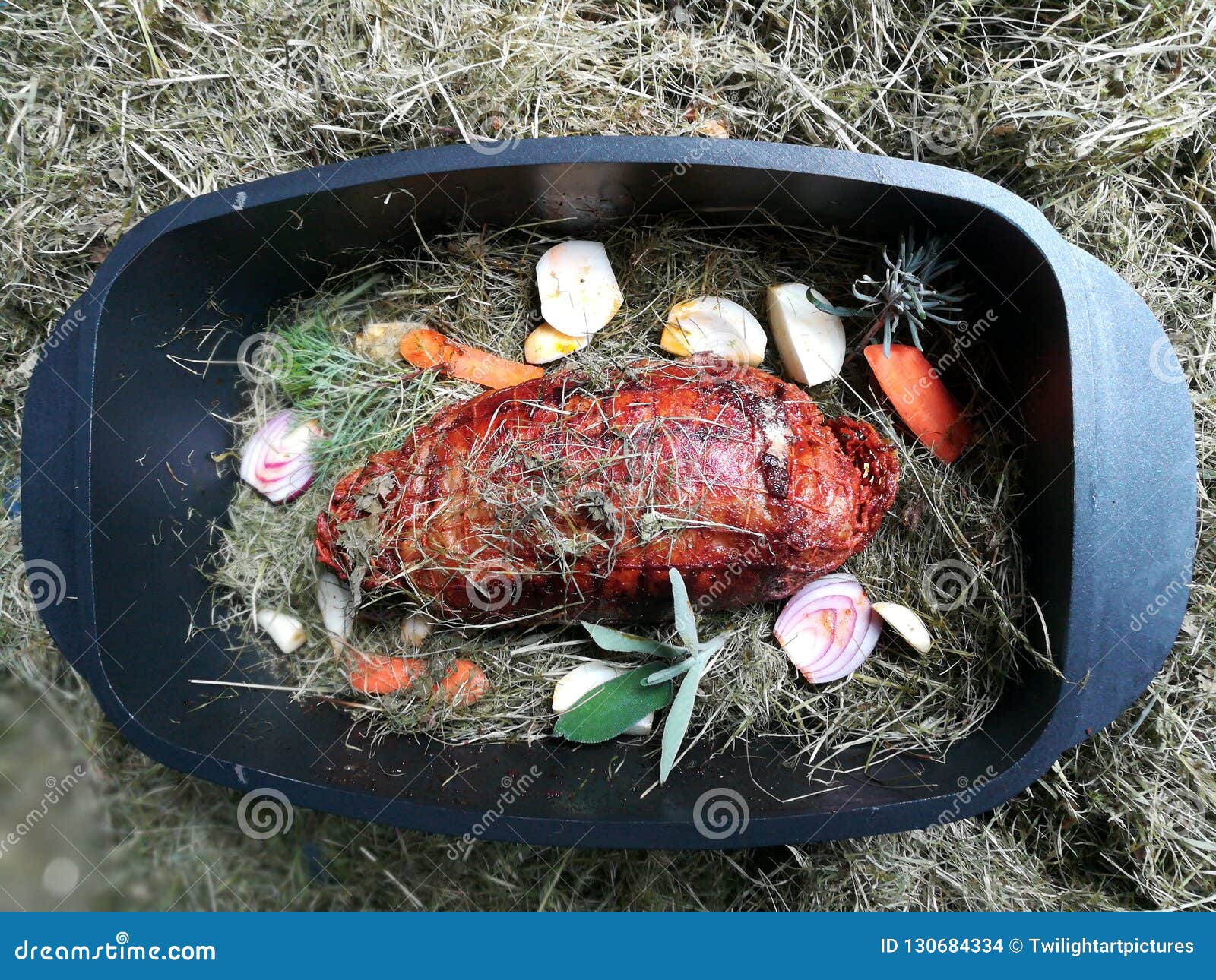 Roll roast in hay stock photo. Image of meat, black - 130684334