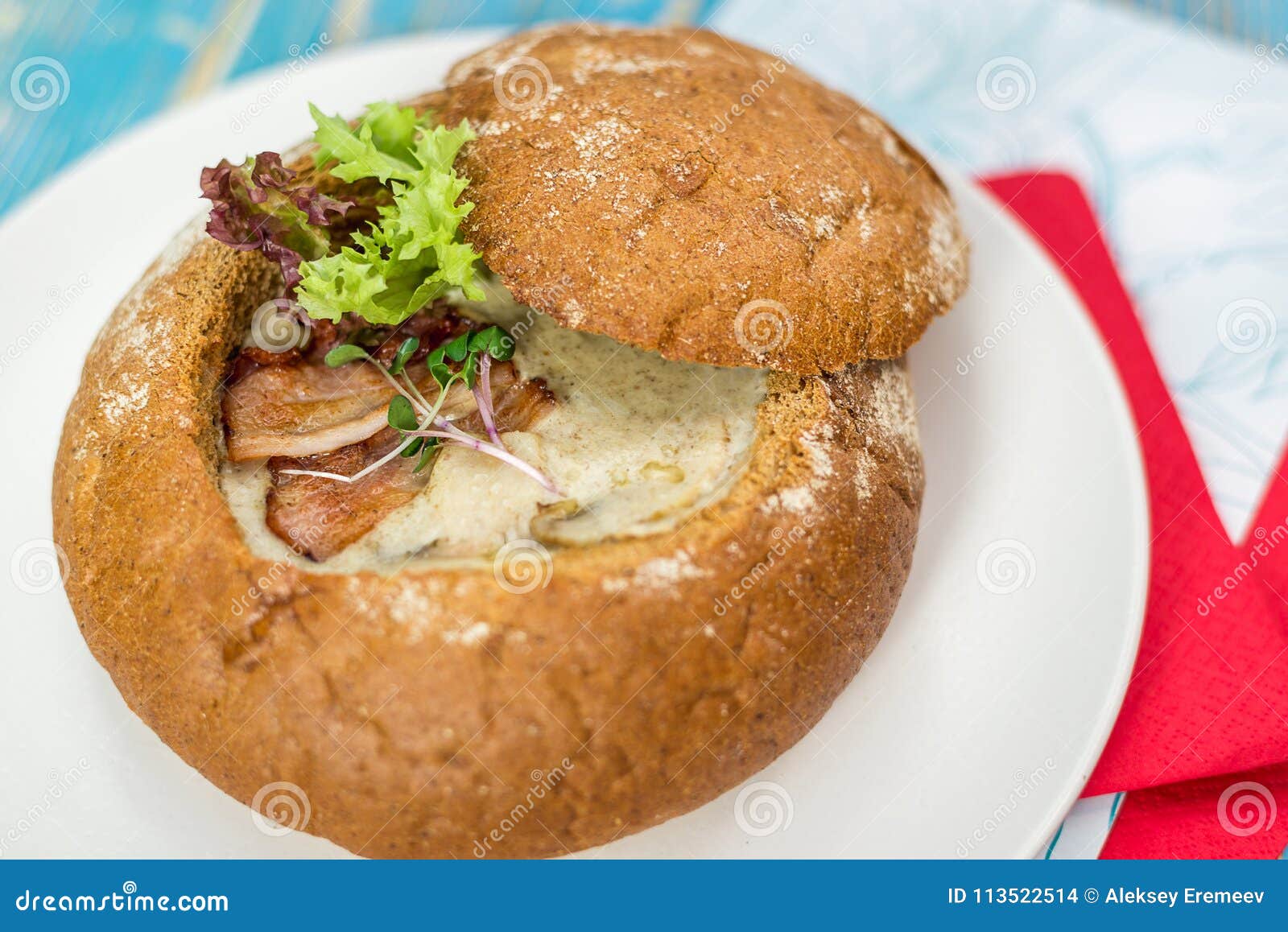 Roll with soup inside stock photo. Image of plate, inside - 113522514