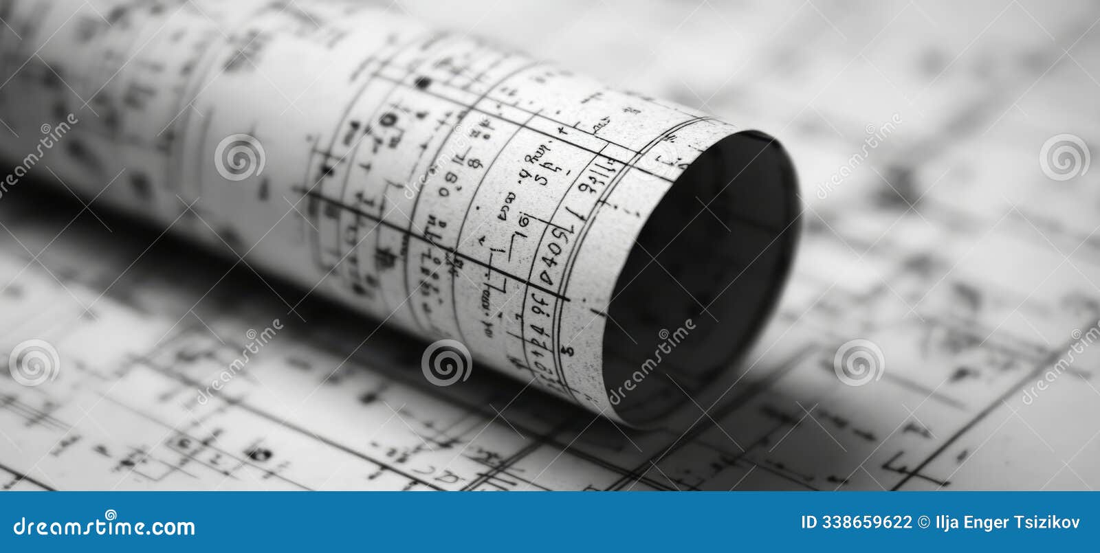 Rolled Up Architectural Blueprint On A Dark Blue Wall, Close-Up View ...