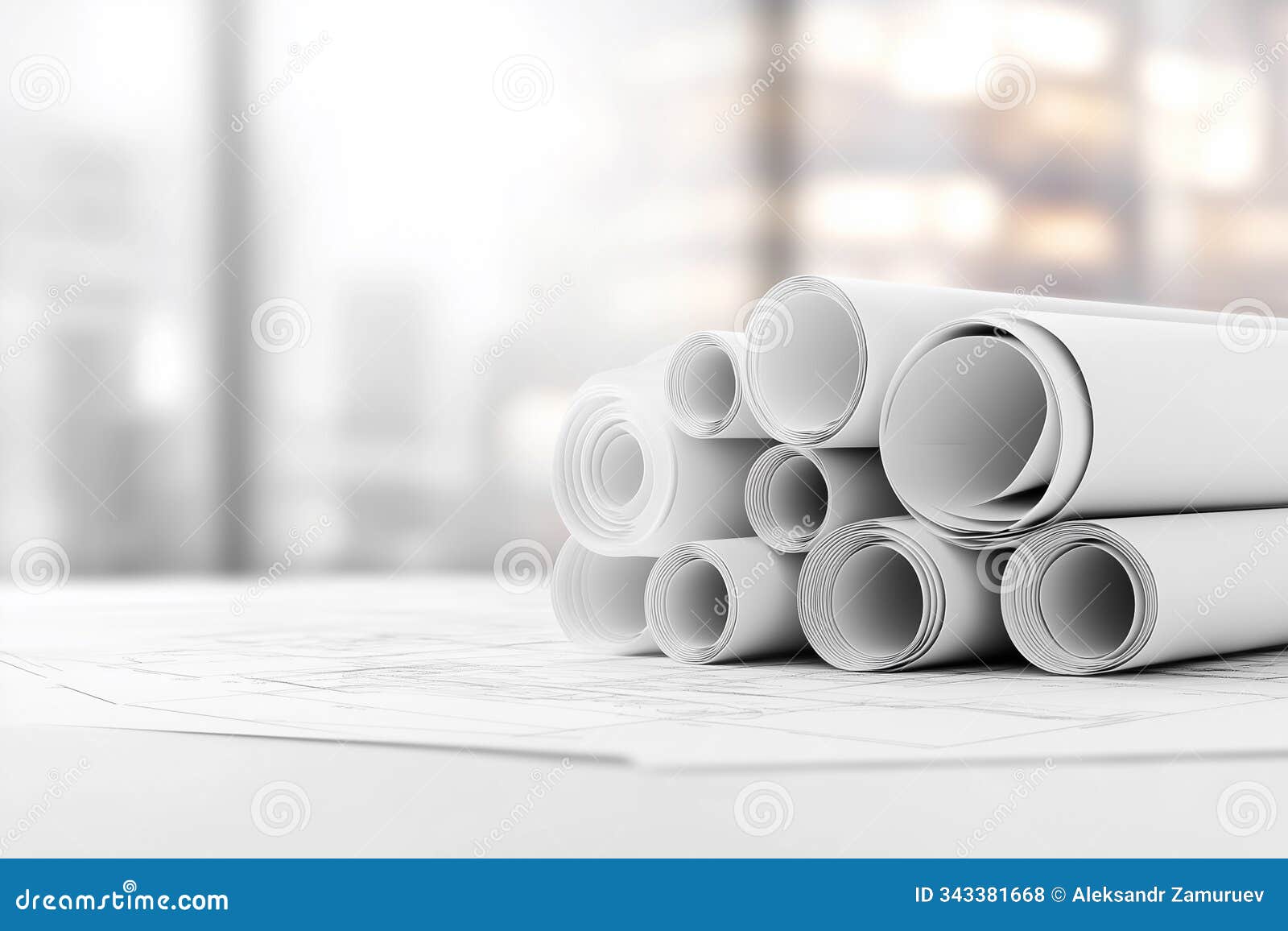 Rolled Architectural Blueprints And Pencil On Floor Plan Drawing ...