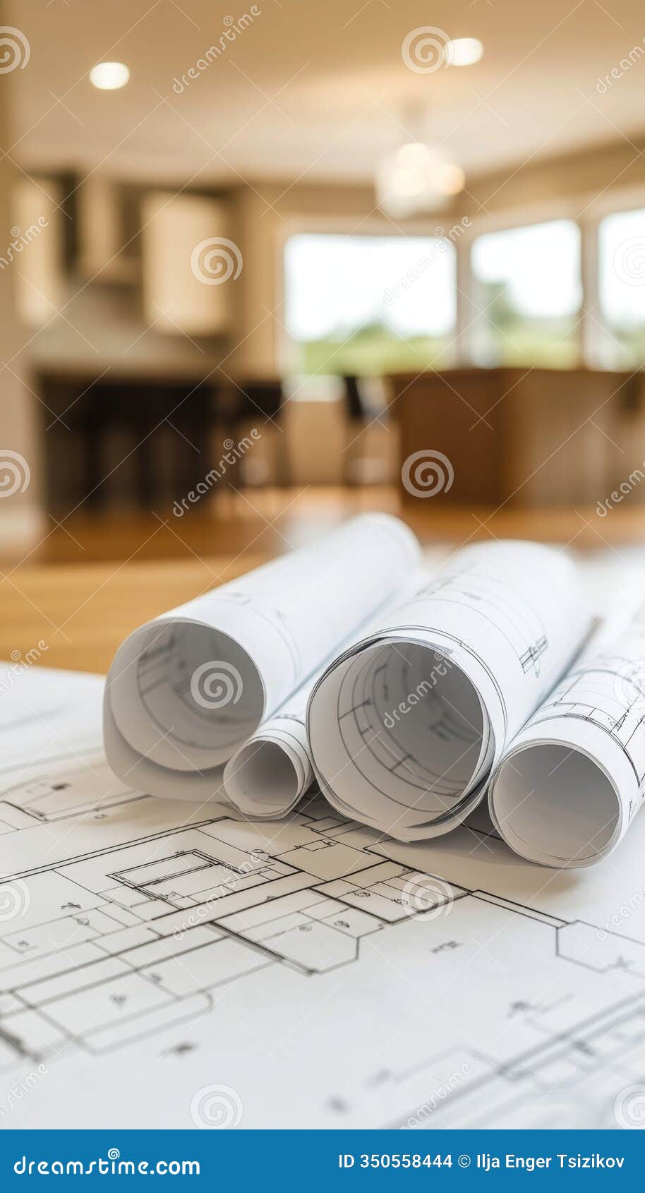 Rolled Architectural Blueprints on Table in Background of Newly ...