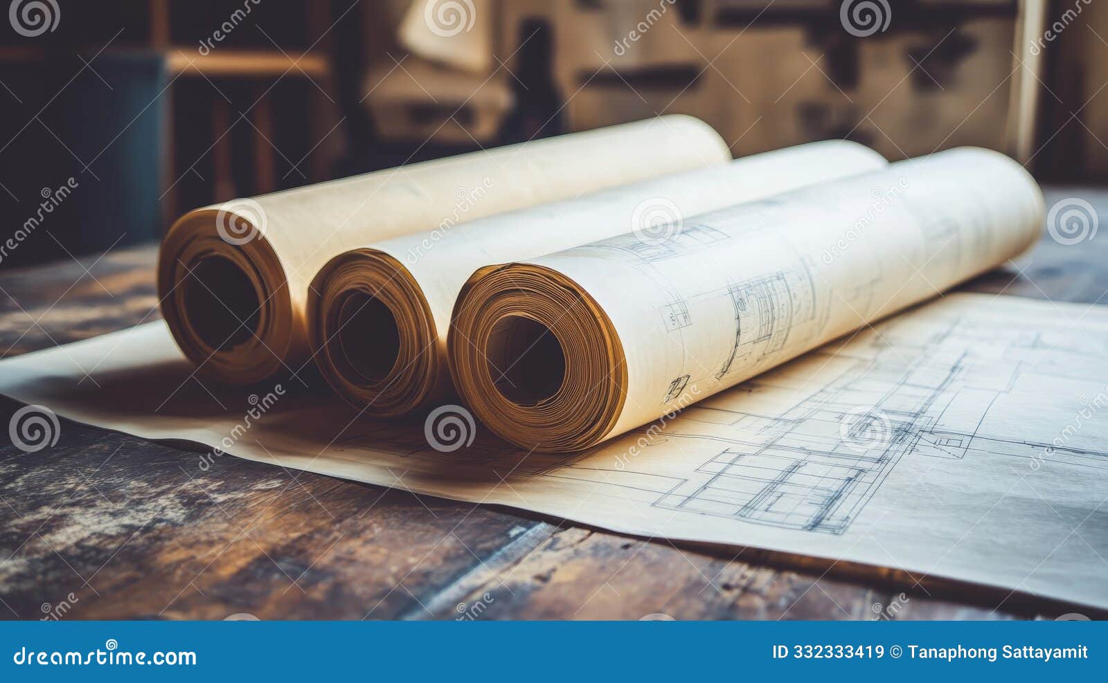 Rolled Up Architectural Blueprint On A Dark Blue Wall, Close-Up View ...