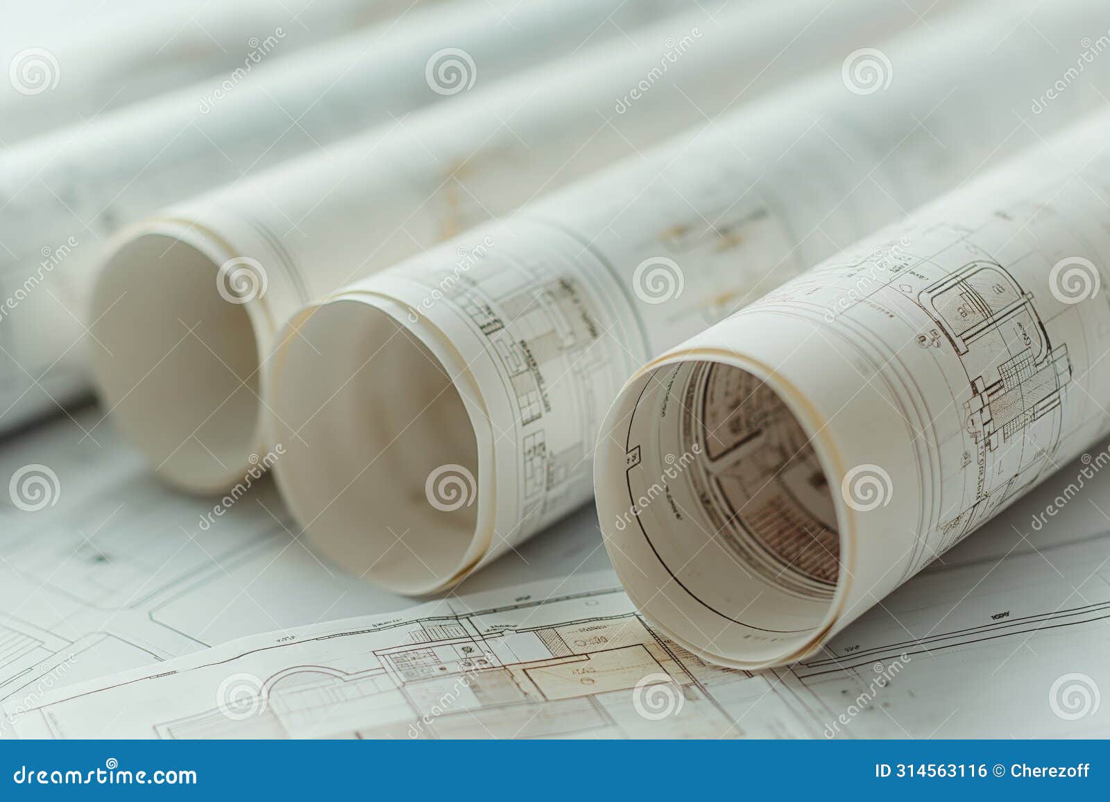 Rolled Architecture Blueprints on Desk Stock Photo - Image of plan ...
