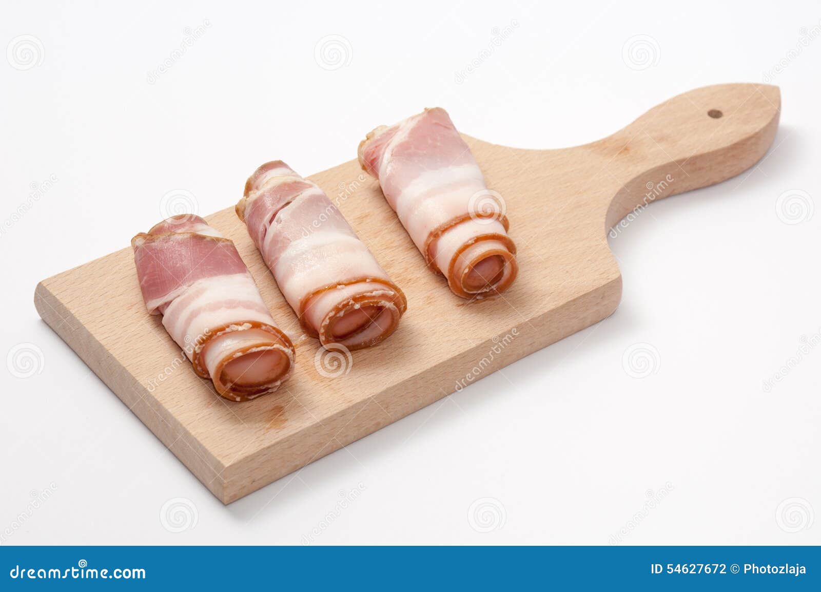 ROLLED BACON SLICE WOODEN BOARD DELICIOUS Stock Photo - Image of ...