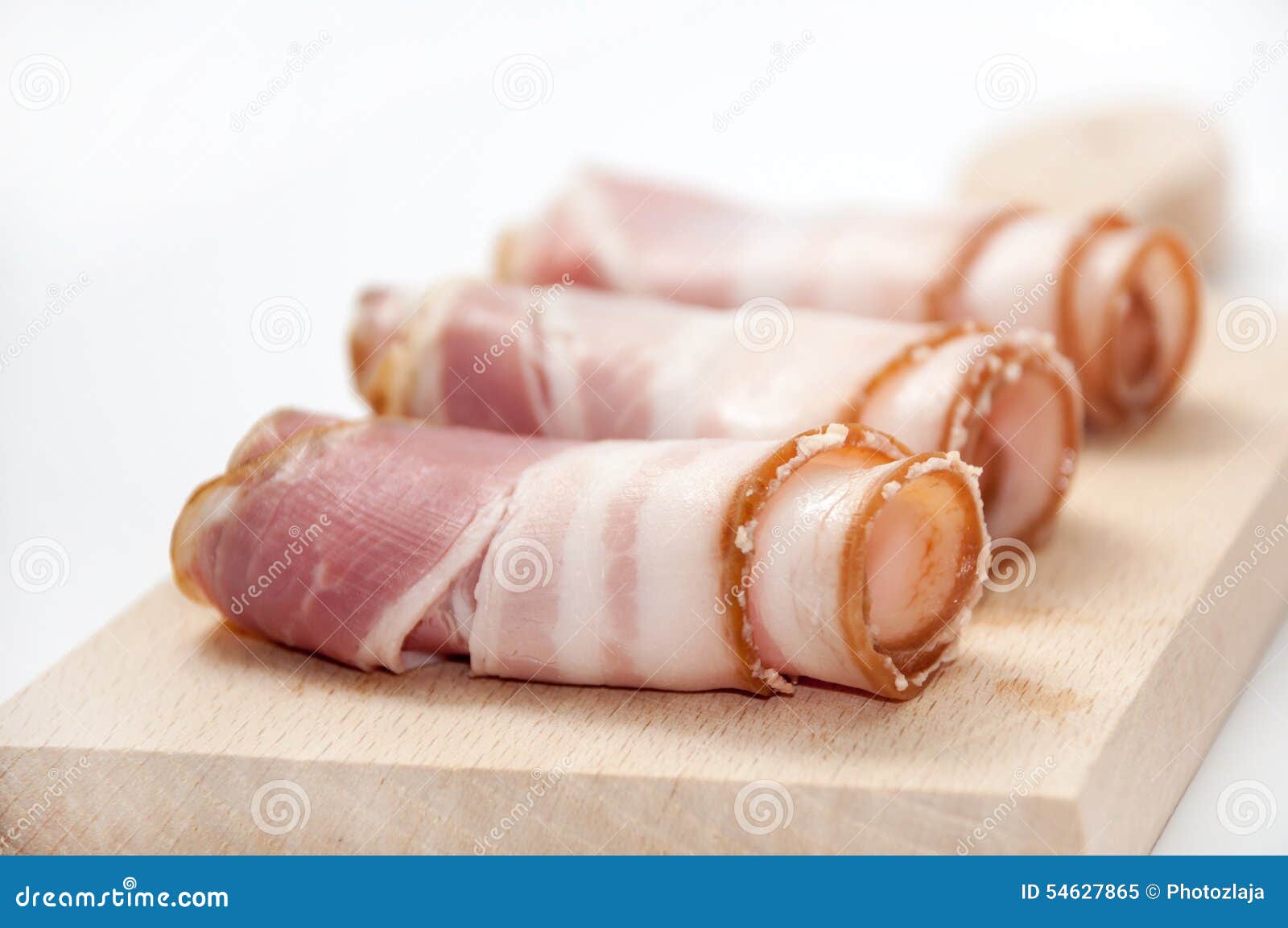 ROLLED BACON SLICE WOODEN BOARD DELICIOUS Stock Image - Image of pork ...
