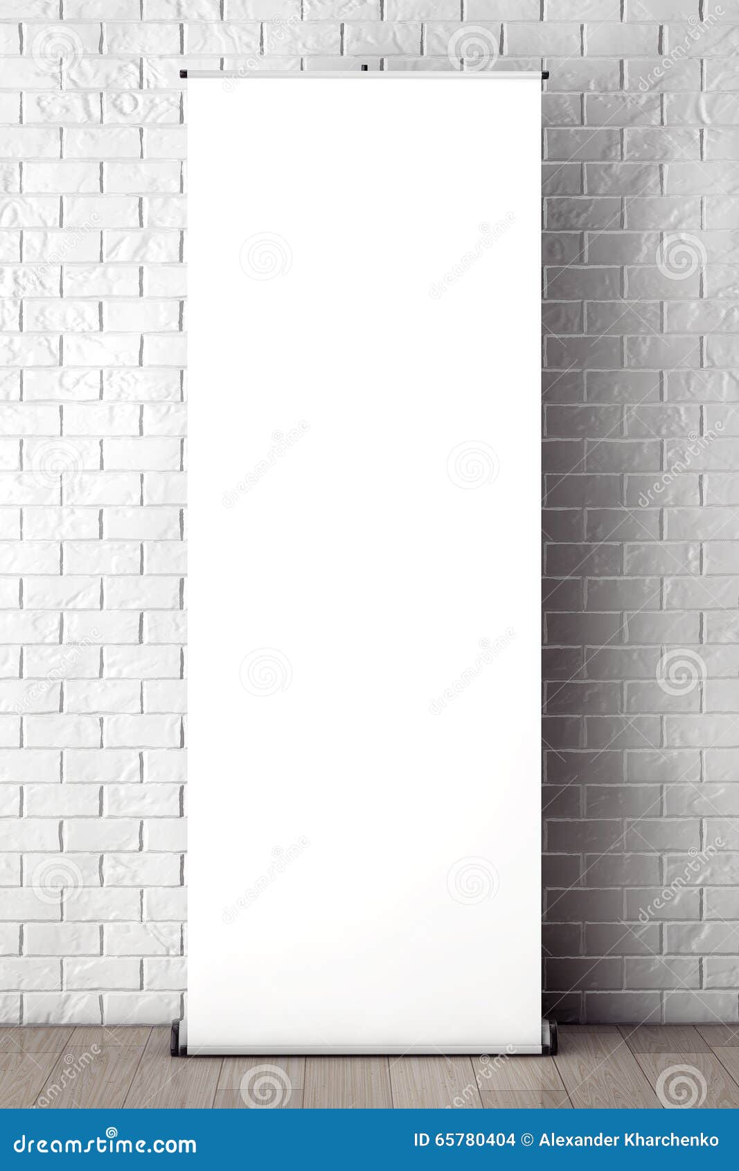 Rolled Banner Promotion Stand in Front of Brick Wall with Blank Stock ...