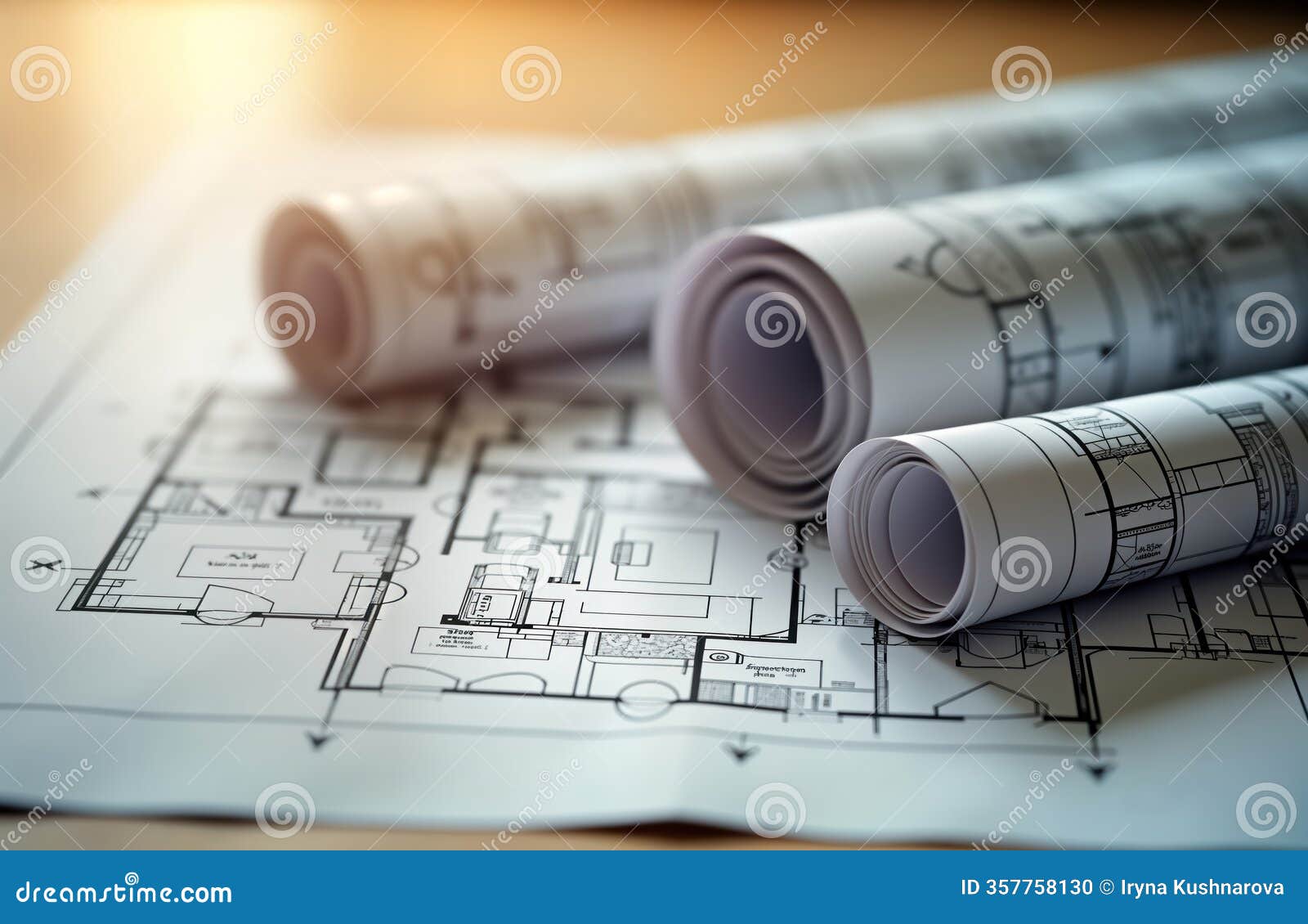 Rolled Blueprints For Building Project Lie On Surface. Detailed Floor ...