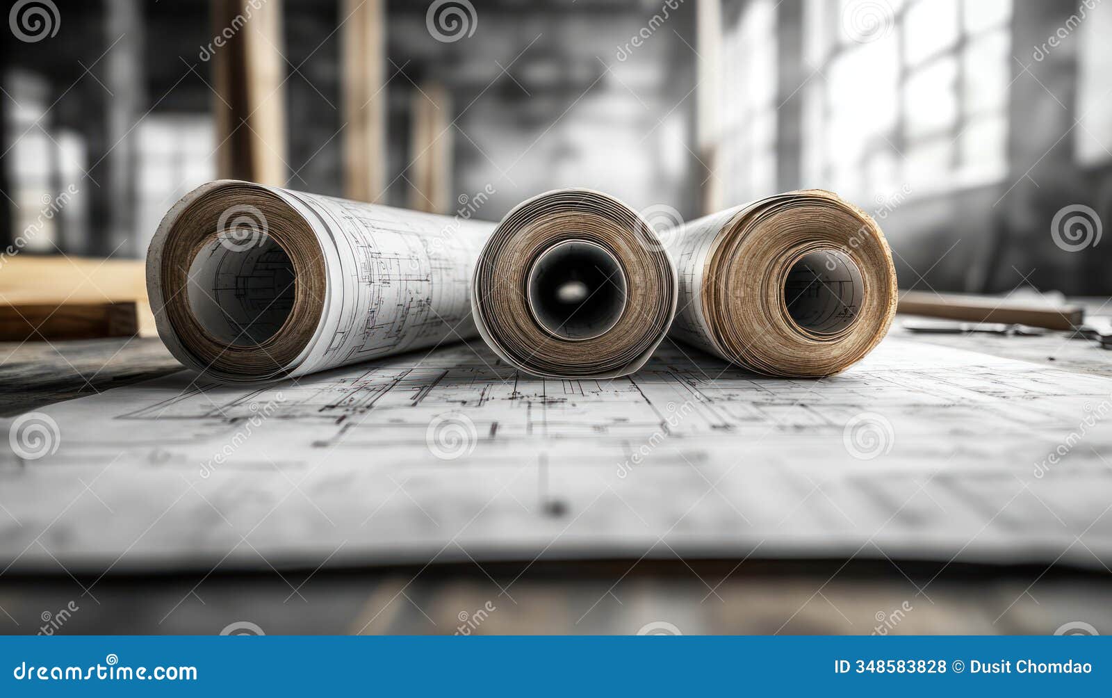 Rolled Blueprints And Architectural Drawings On Desk Royalty-Free Stock ...