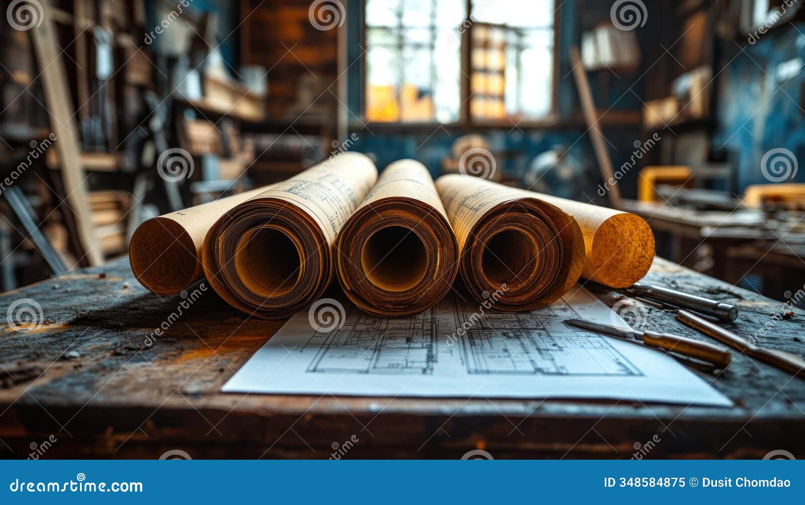 Rolled Blueprints on Dusty Table in Workshop, Showcasing Detailed Plans ...