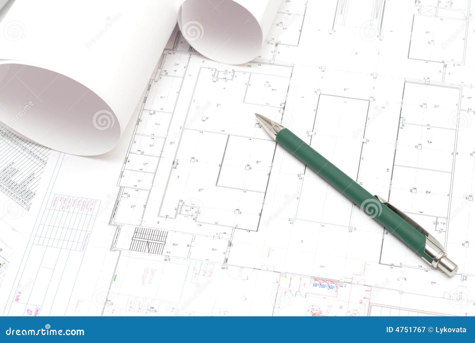 Rolled Blueprints and a Pen Stock Image - Image of planning, blueprints ...