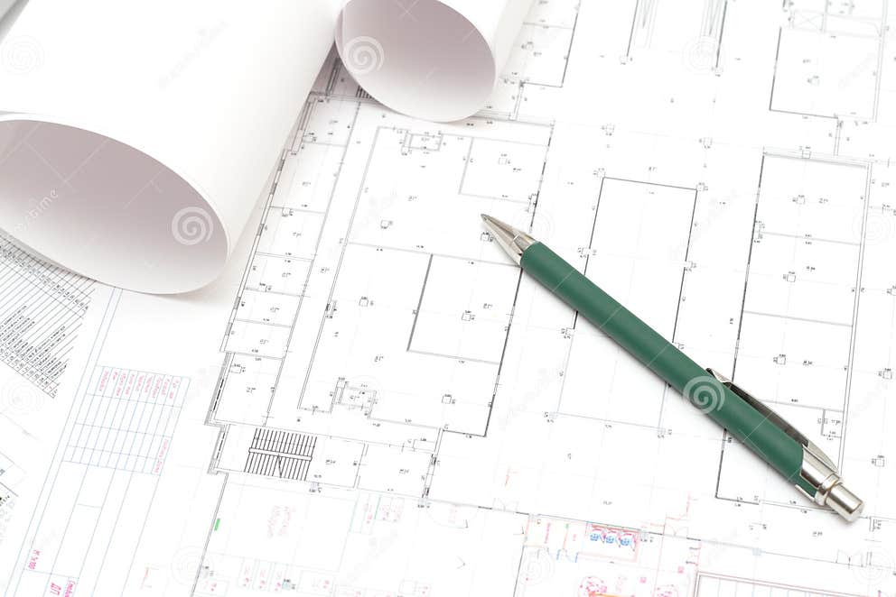 Rolled Blueprints and a Pen Stock Image - Image of planning, blueprints ...
