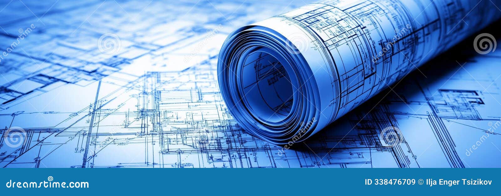 Rolled Blueprints Plan Lying on Table with New Home Engineering ...