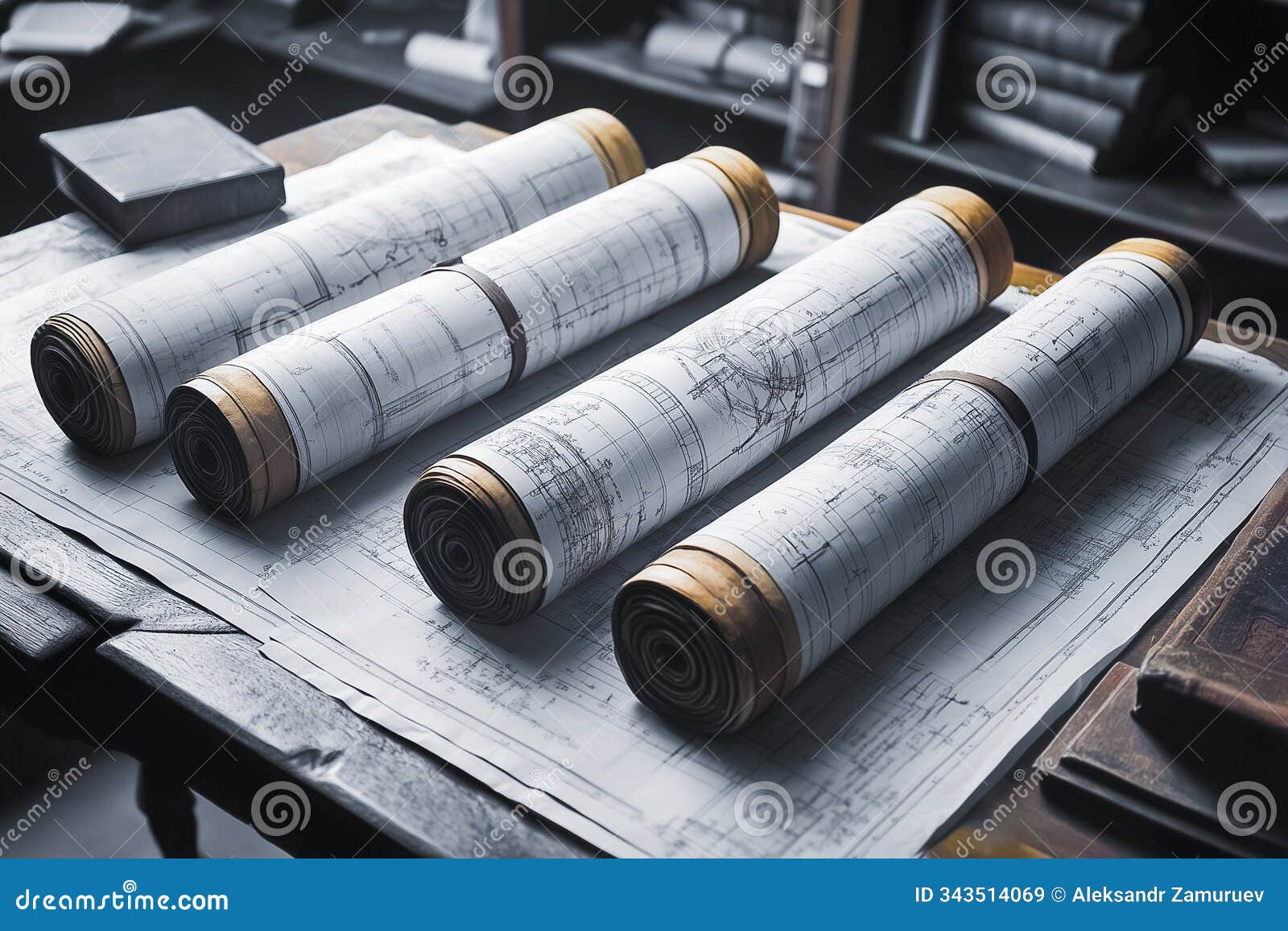 Rolled Blueprints, Architectural Maquette, And Wind Royalty-Free Stock ...