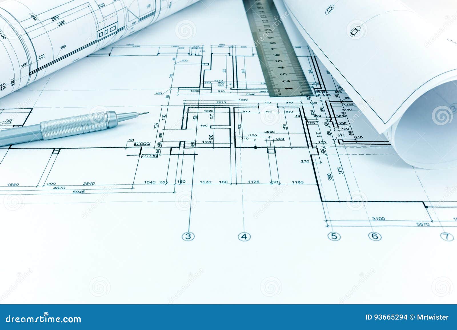Rolled Blueprints, Ruler and Mechanic Pencil on Graphical Architectural ...