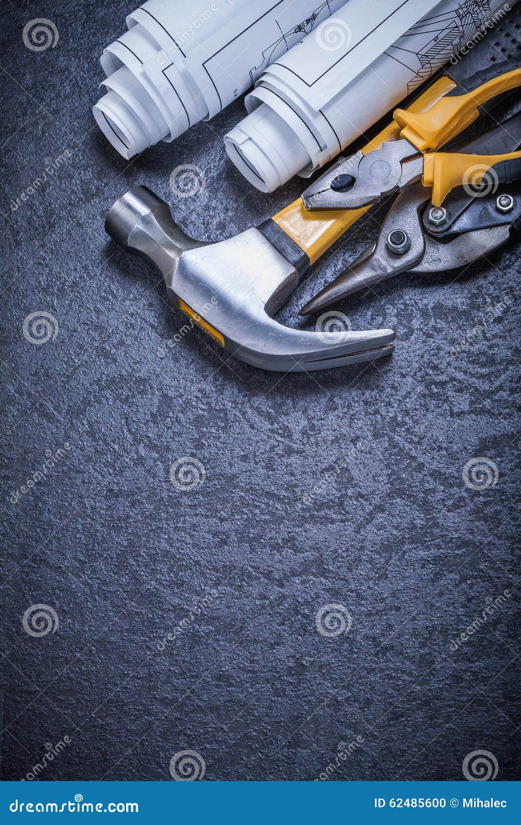 Rolled Blueprints Tin Snips Pliers Claw Hammer on Stock Photo - Image ...