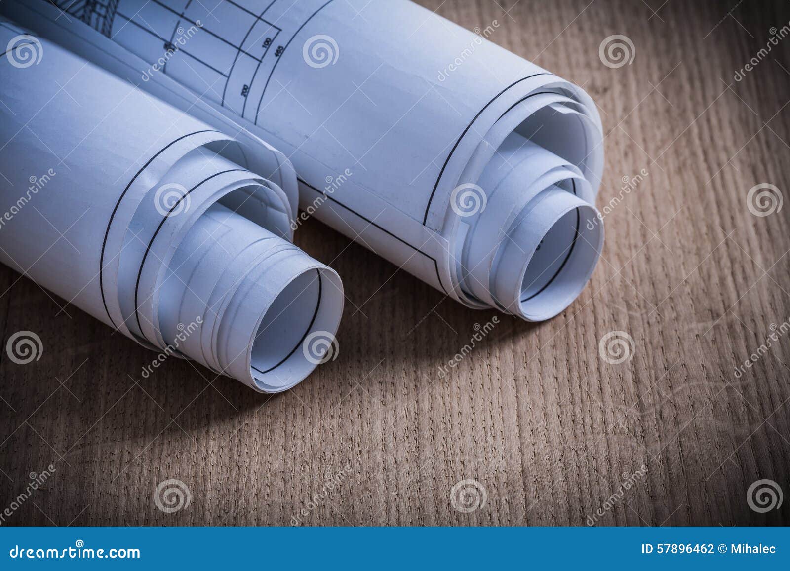 Rolled Blueprints on Wooden Background Horizontal Version Constr Stock ...