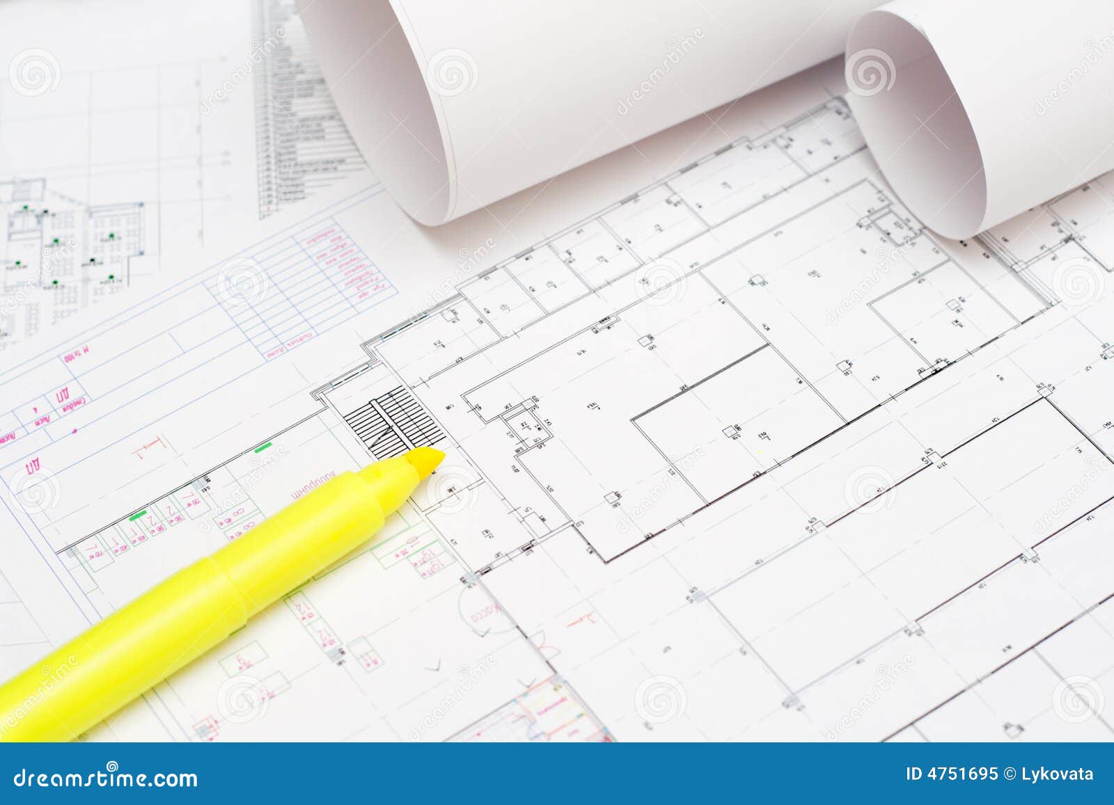 Rolled Blueprints and Yellow Marker Stock Image - Image of business ...