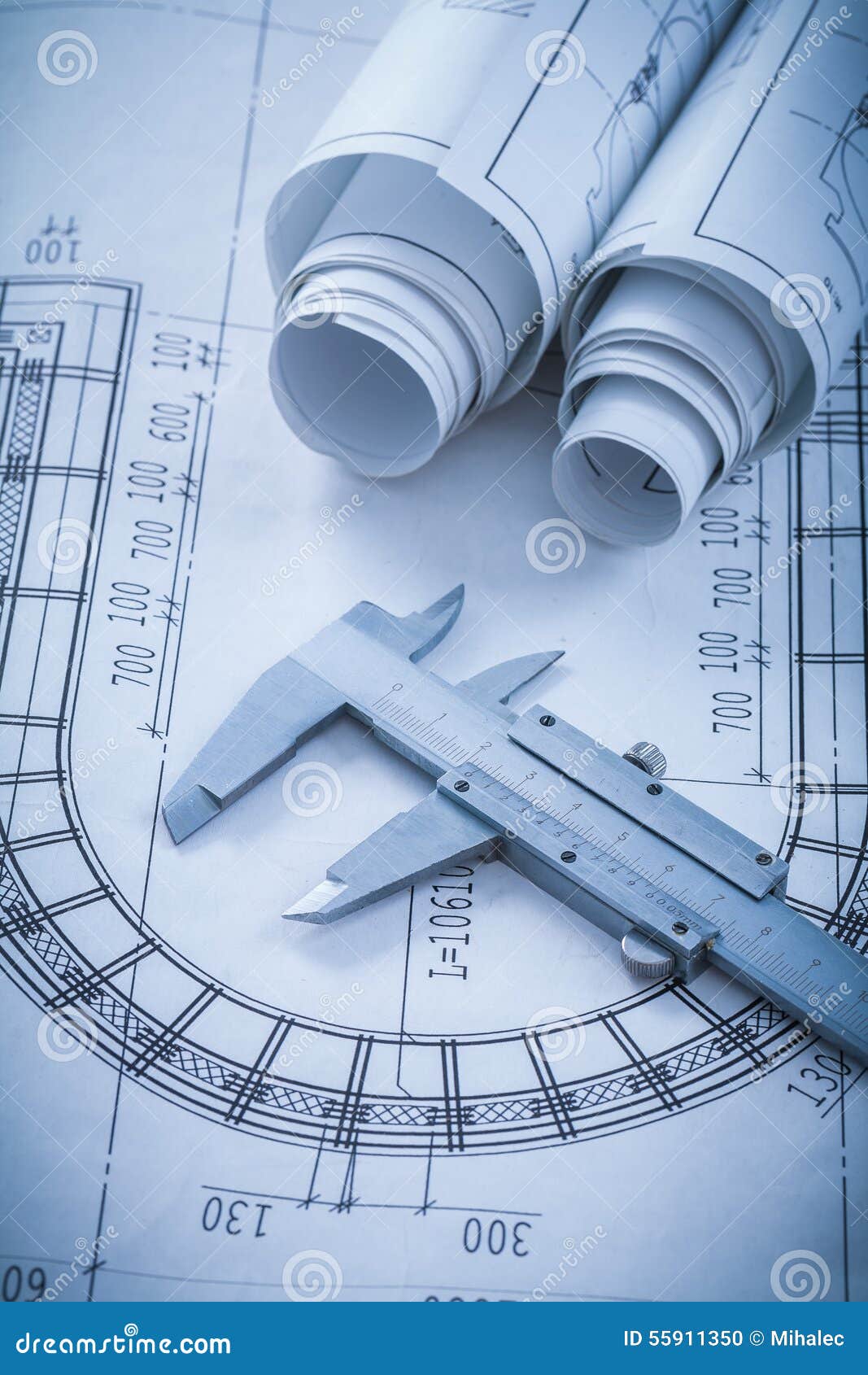 Rolled Construction Drawings and Stainless Slide Stock Photo - Image of ...