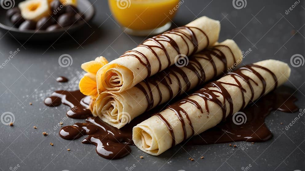 Rolled Crepes with Chocolate Drizzle on Gray Surface. Stock ...