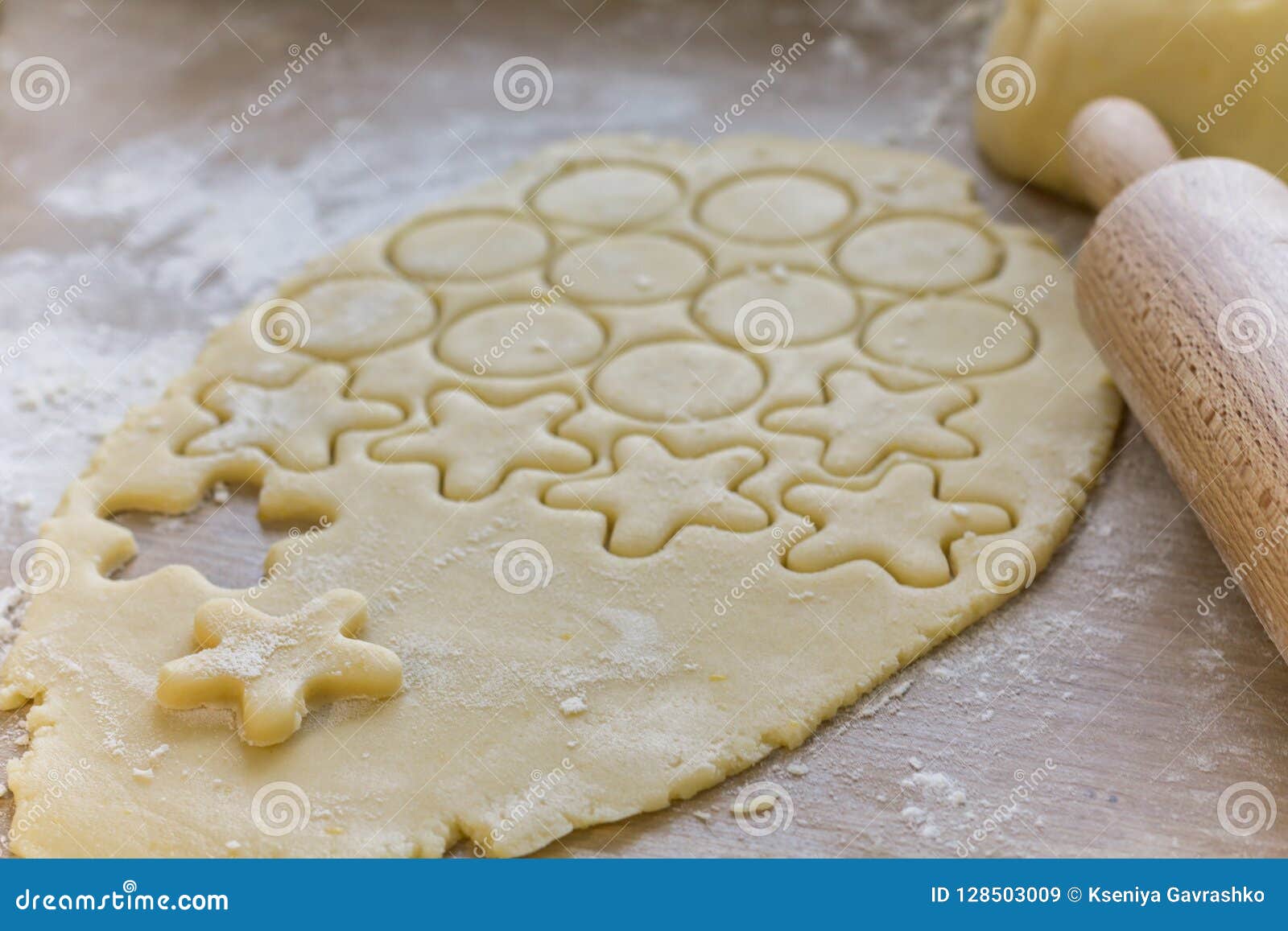 Rolled Dough on the Table with Rolling Pin. Bakery Products. Stock ...
