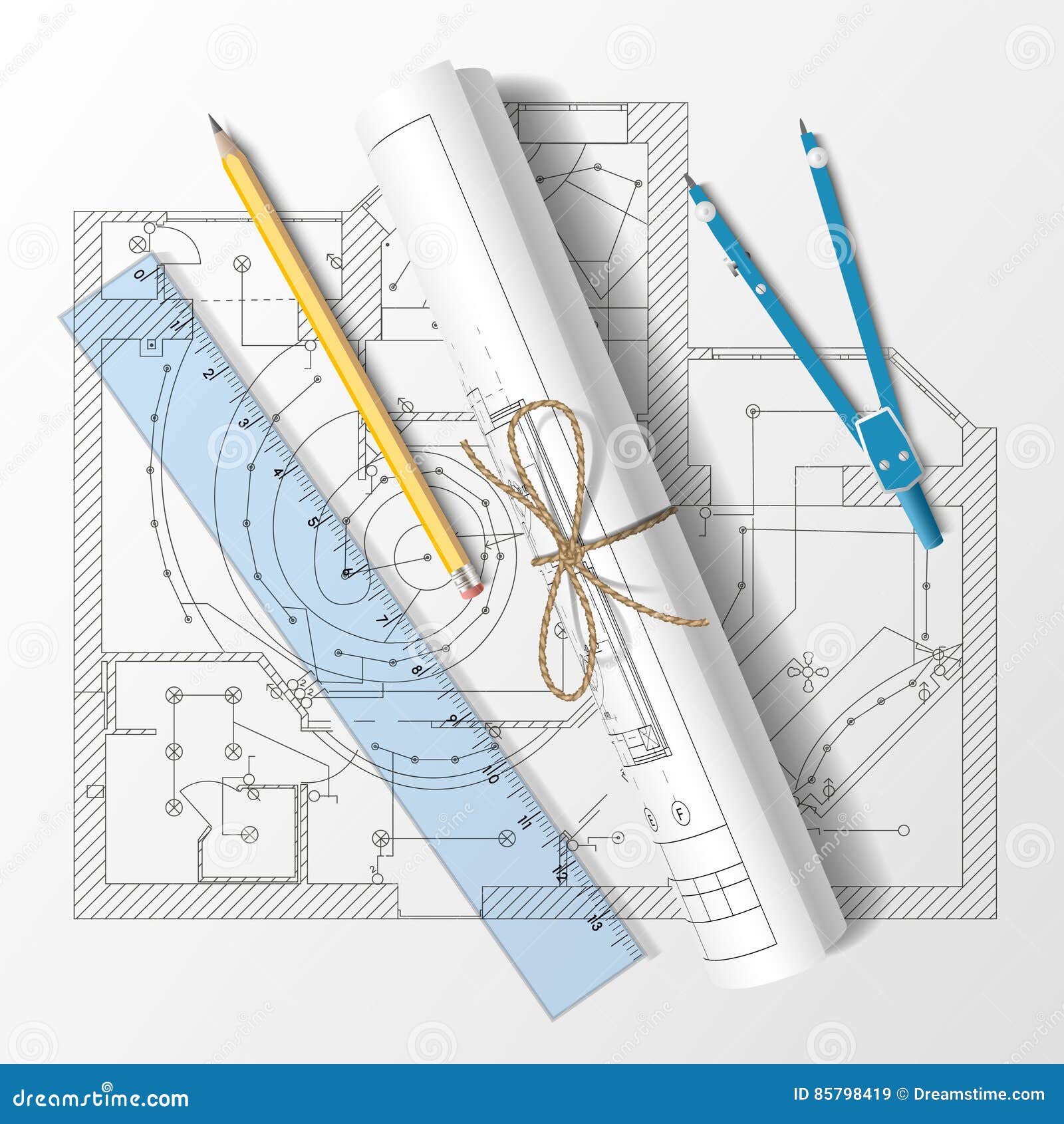 Rolled Drafts with a Pencil, a Ruler and Compasses. Vector Illus Stock ...