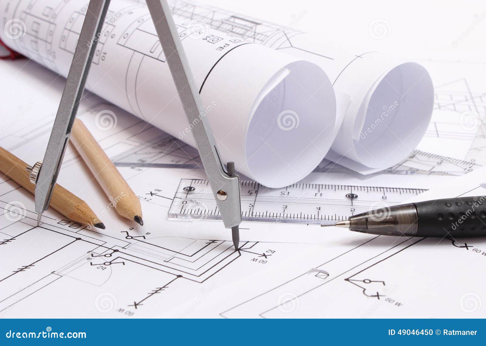 Rolled Electrical Diagrams and Accessories for Drawing Stock Photo ...