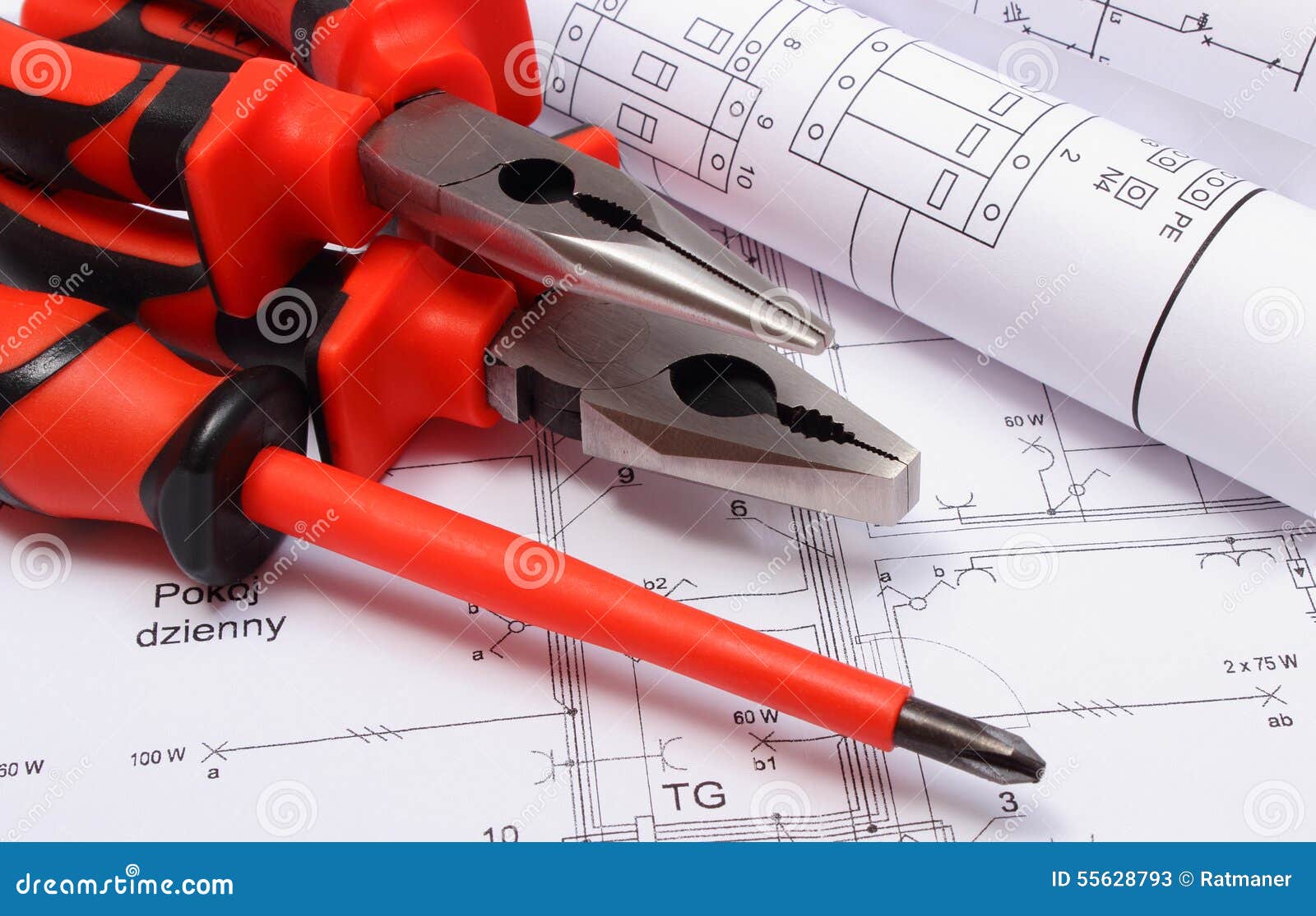 Rolled Electrical Diagrams and Work Tools on Drawing Stock Image ...