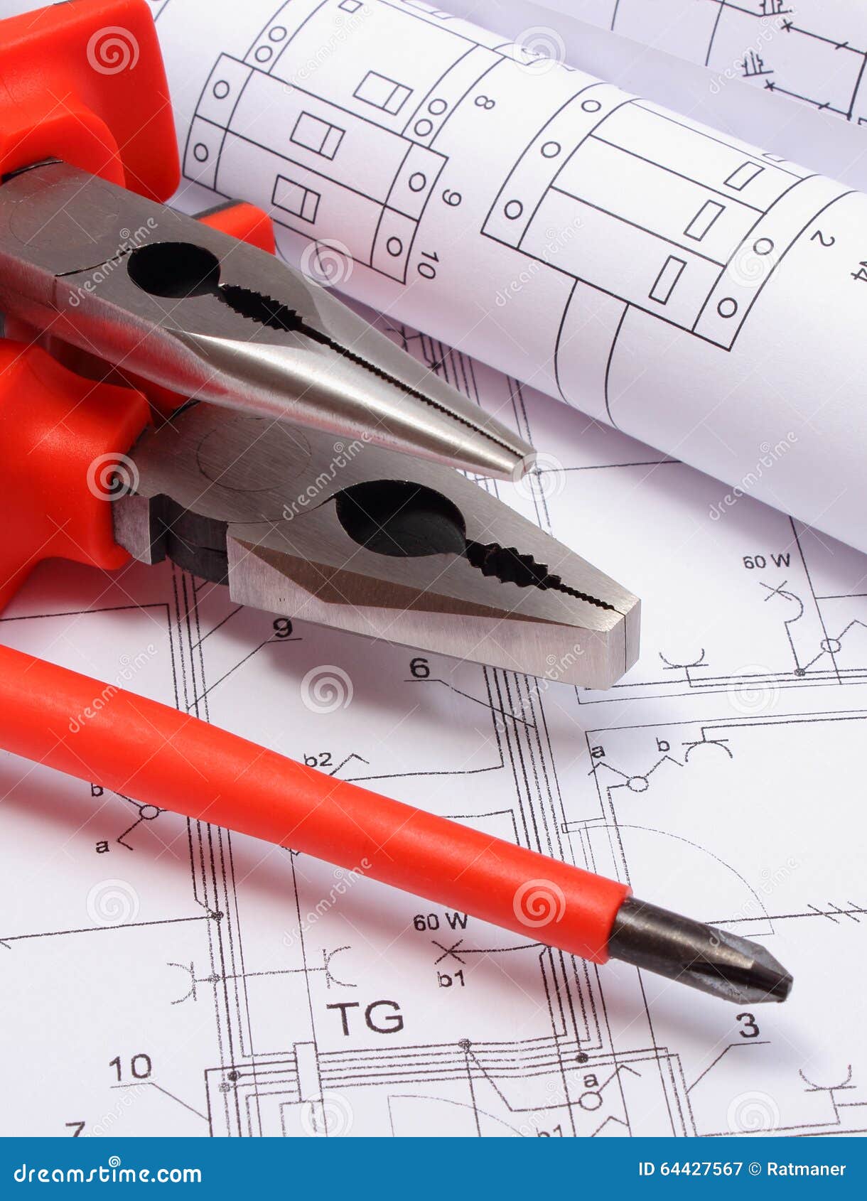 Rolled Electrical Diagrams and Work Tools on Drawing Stock Image ...