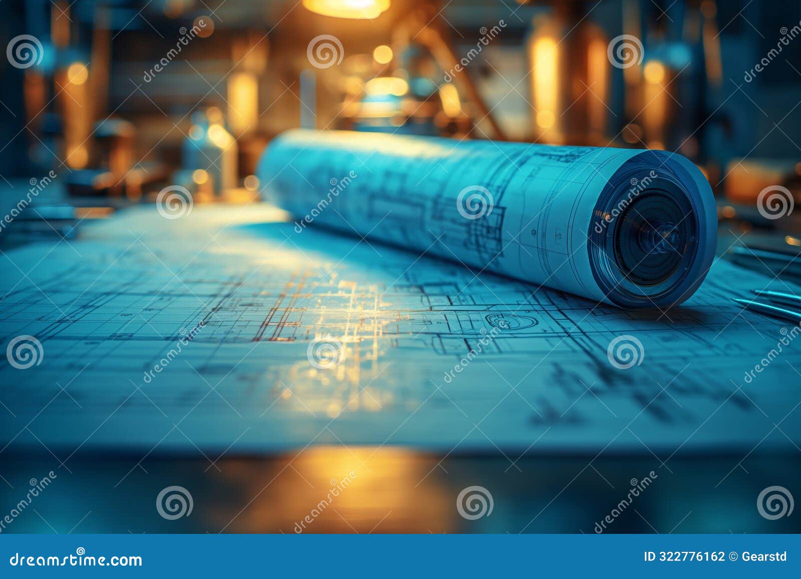 Rolled Engineering Blueprints on Desk Stock Photo - Image of precision ...