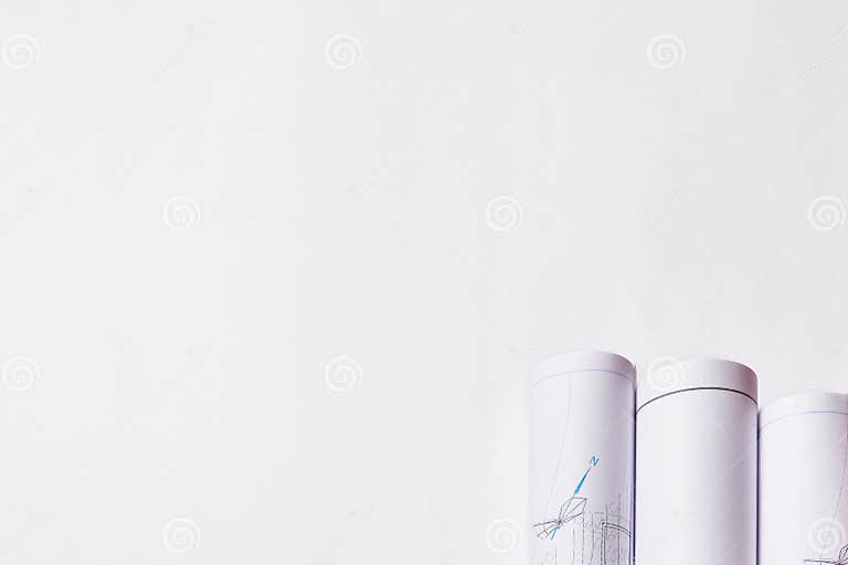 Rolled Engineering Drawings at White Background with Copy Space Stock ...