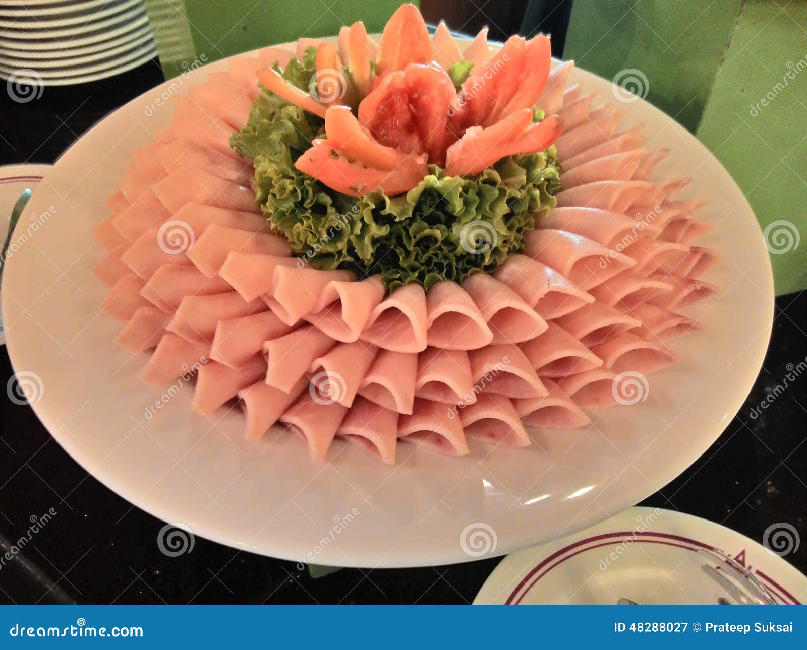 Rolled ham in round plate stock image. Image of white - 48288027