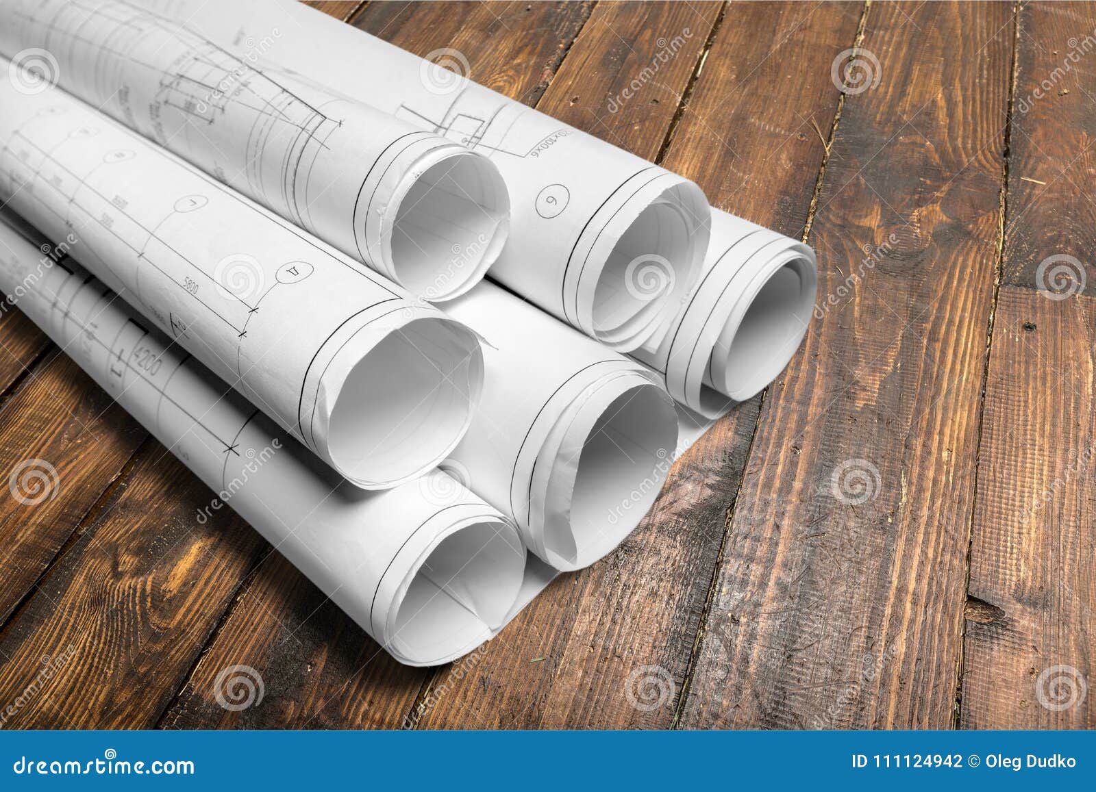 Rolled House Blueprints and Construction Plans Stock Photo - Image of ...