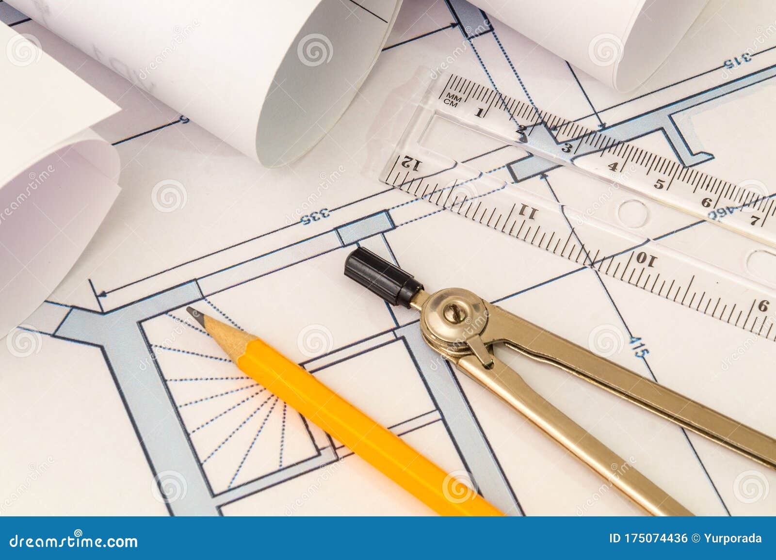 Rolled House Diagrams and Accessories for Drawing Lying on Construction ...