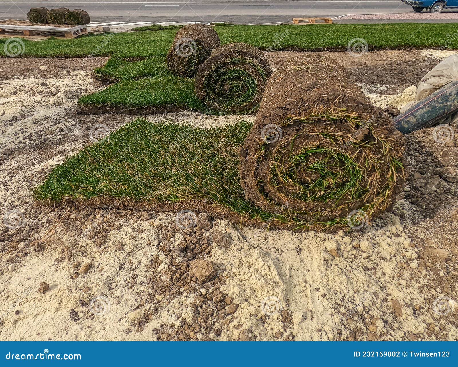 Rolled Lawn Preparation for Laying. Twisted Rolls of Soil with Grass on ...
