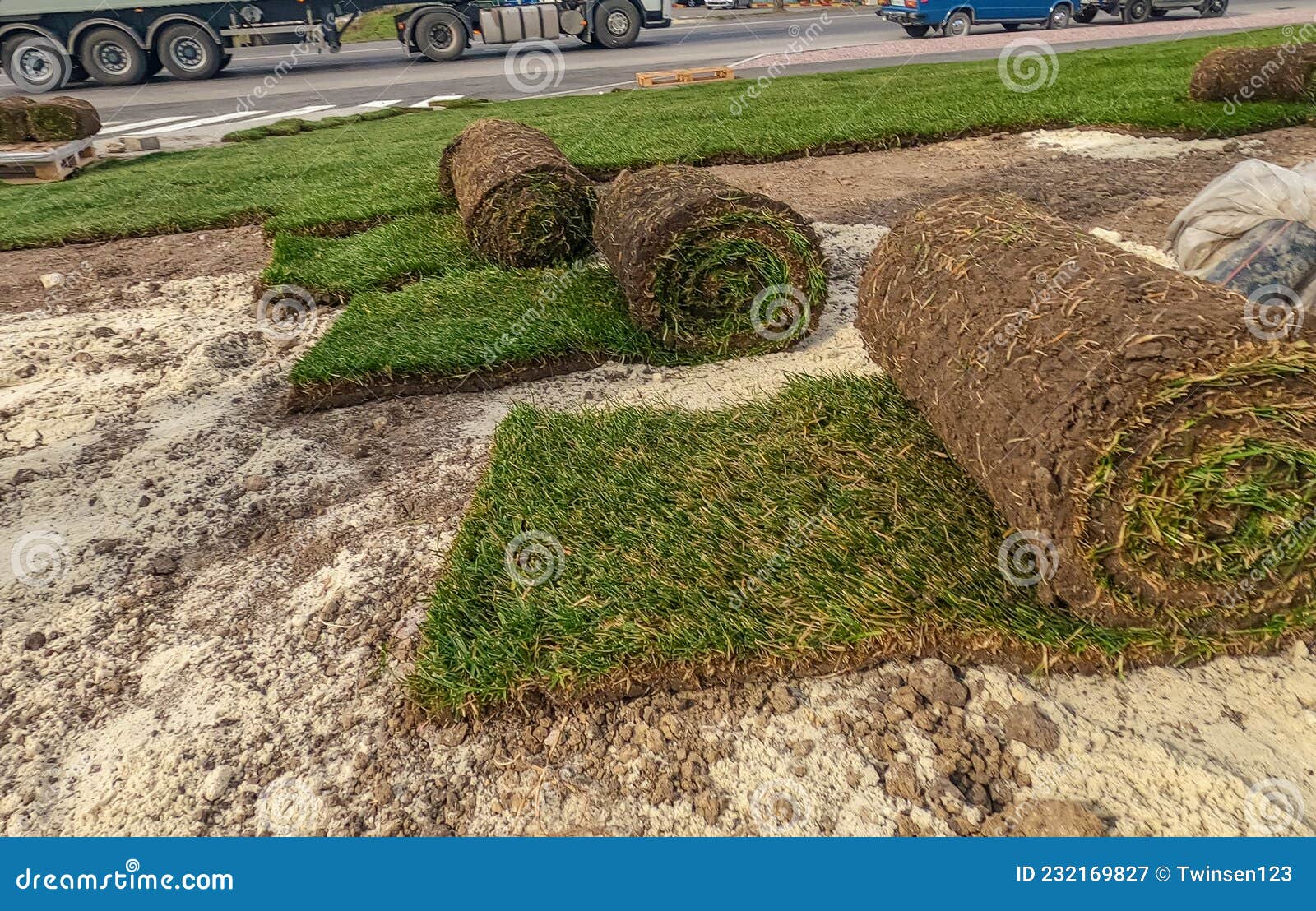 Rolled Lawn Preparation for Laying. Twisted Rolls of Soil with Grass on ...