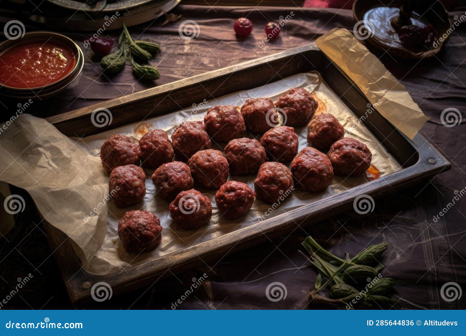 Rolled Meatballs on Parchment-lined Tray Stock Photo - Image of rolled ...
