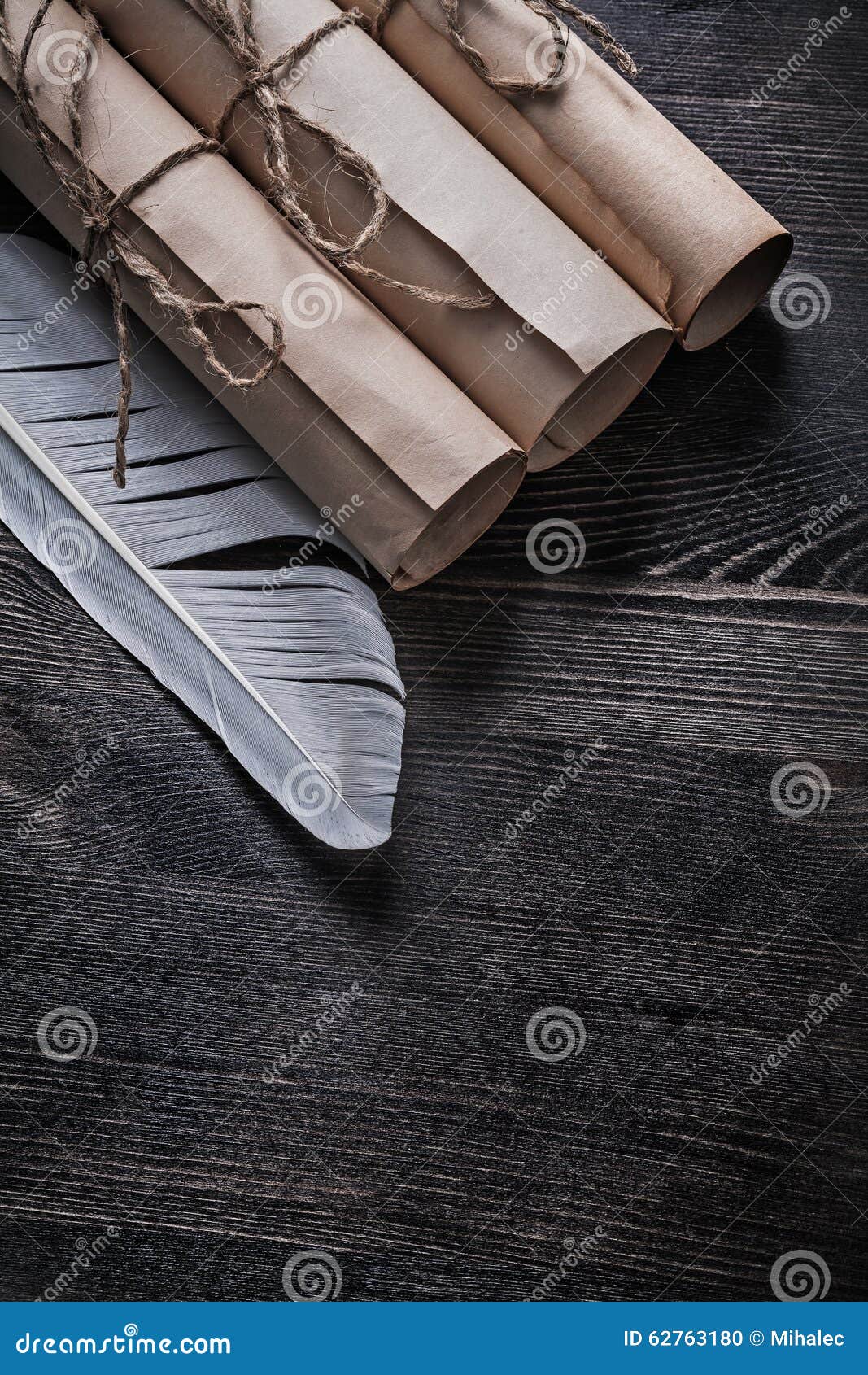 Rolled Medieval Documents with Quill on Wooden Stock Photo - Image of ...
