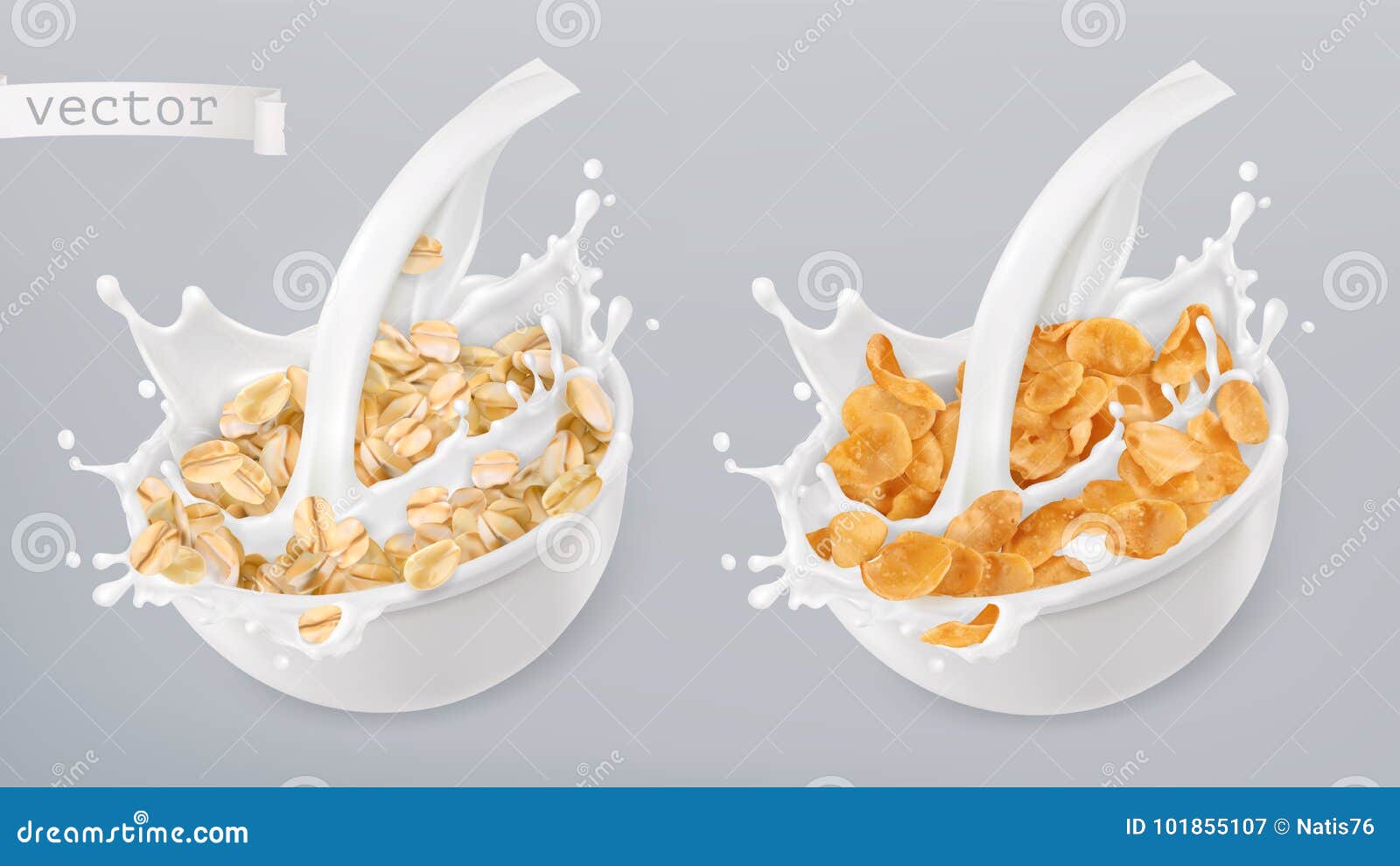 Rolled Oats and Milk Splashes. Corn Flakes. 3d Vector Icon Set Stock ... Rolled Oats and Milk Splashes. Corn Flakes. 3d Vector Icon Set Stock ...