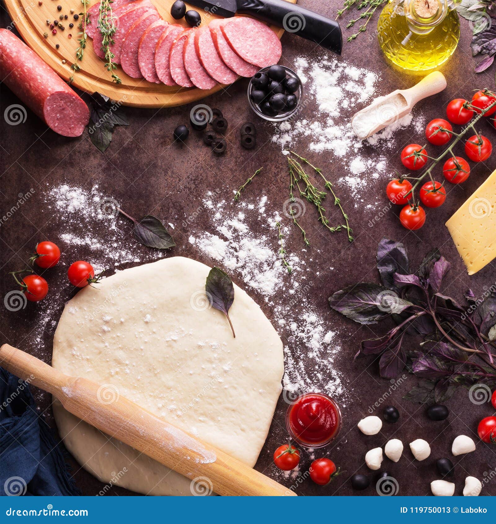 Layer of Dough and Ingredients for Pizza, on Dark Working Surface Stock ...