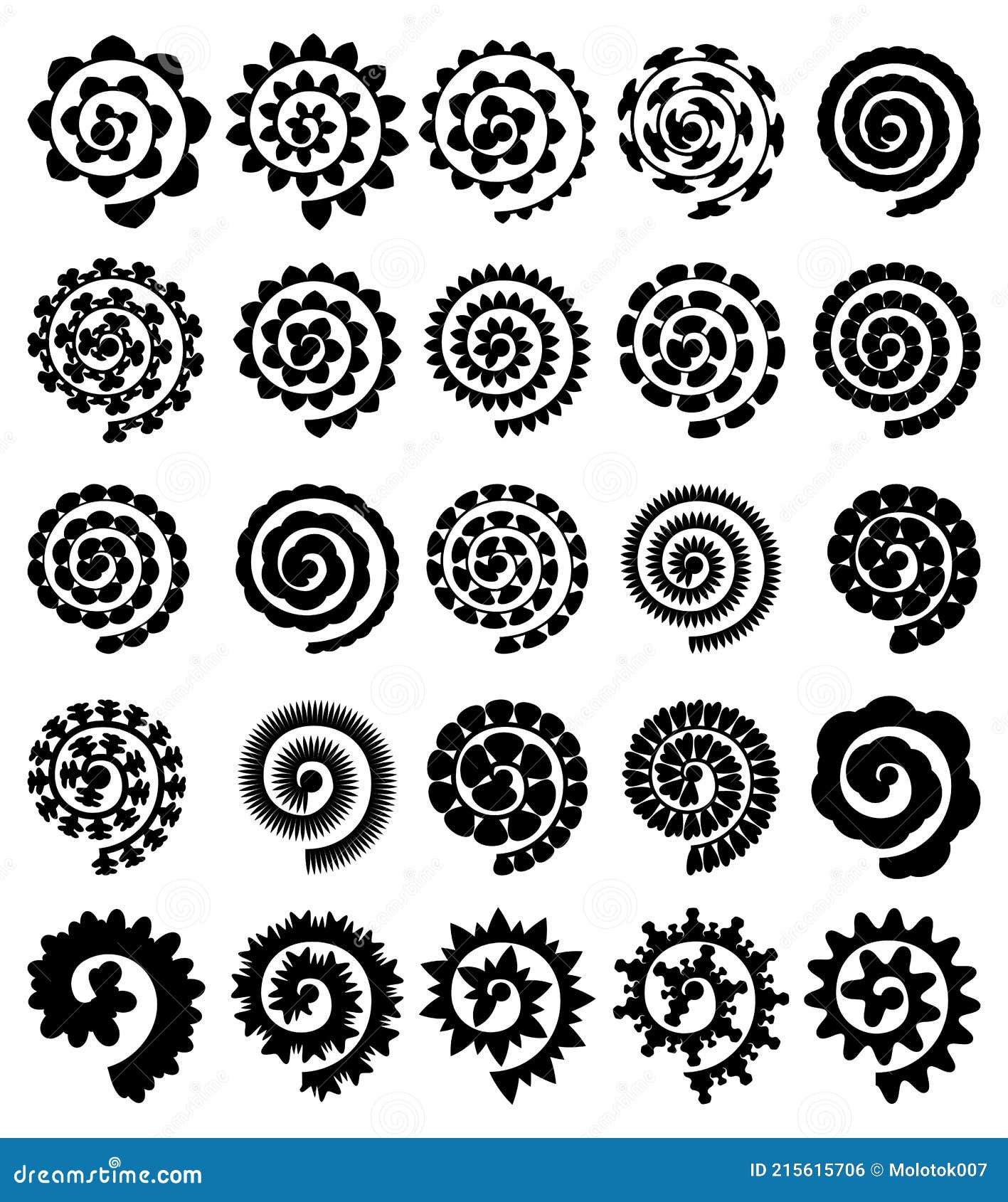 Rolled Flower Template. Black Isolated Round Flowers Stencil Cut. Hand ...