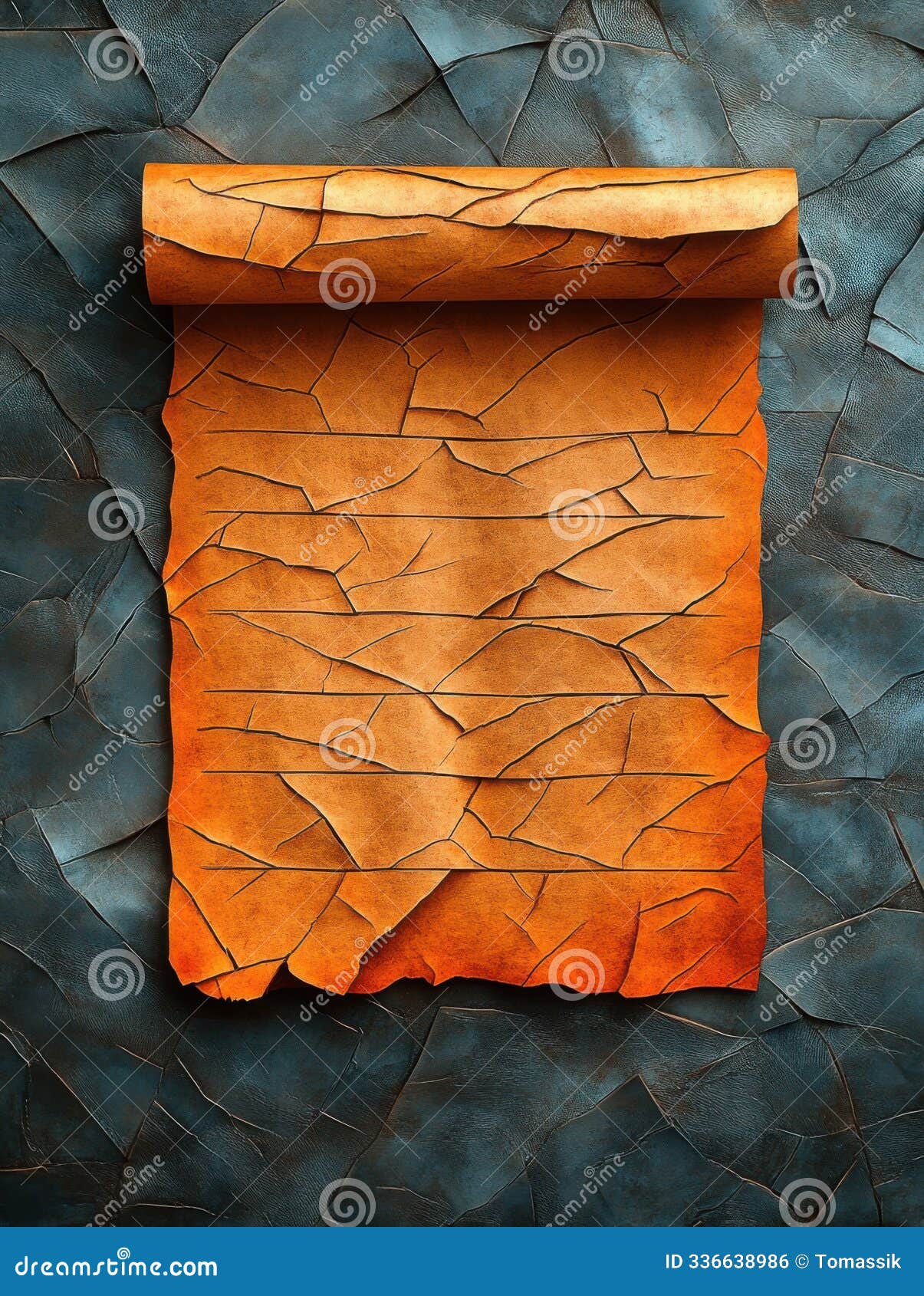 Rolled Parchment with Cracked Texture on a Textured Gray-blue Surface ...