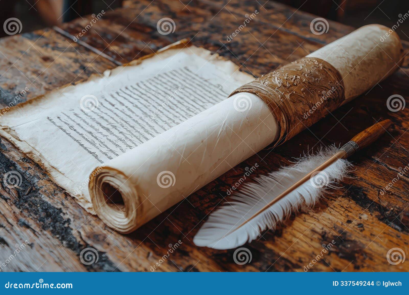 Rolled Parchment with Intricate Quill and Script Stock Photo - Image of ...